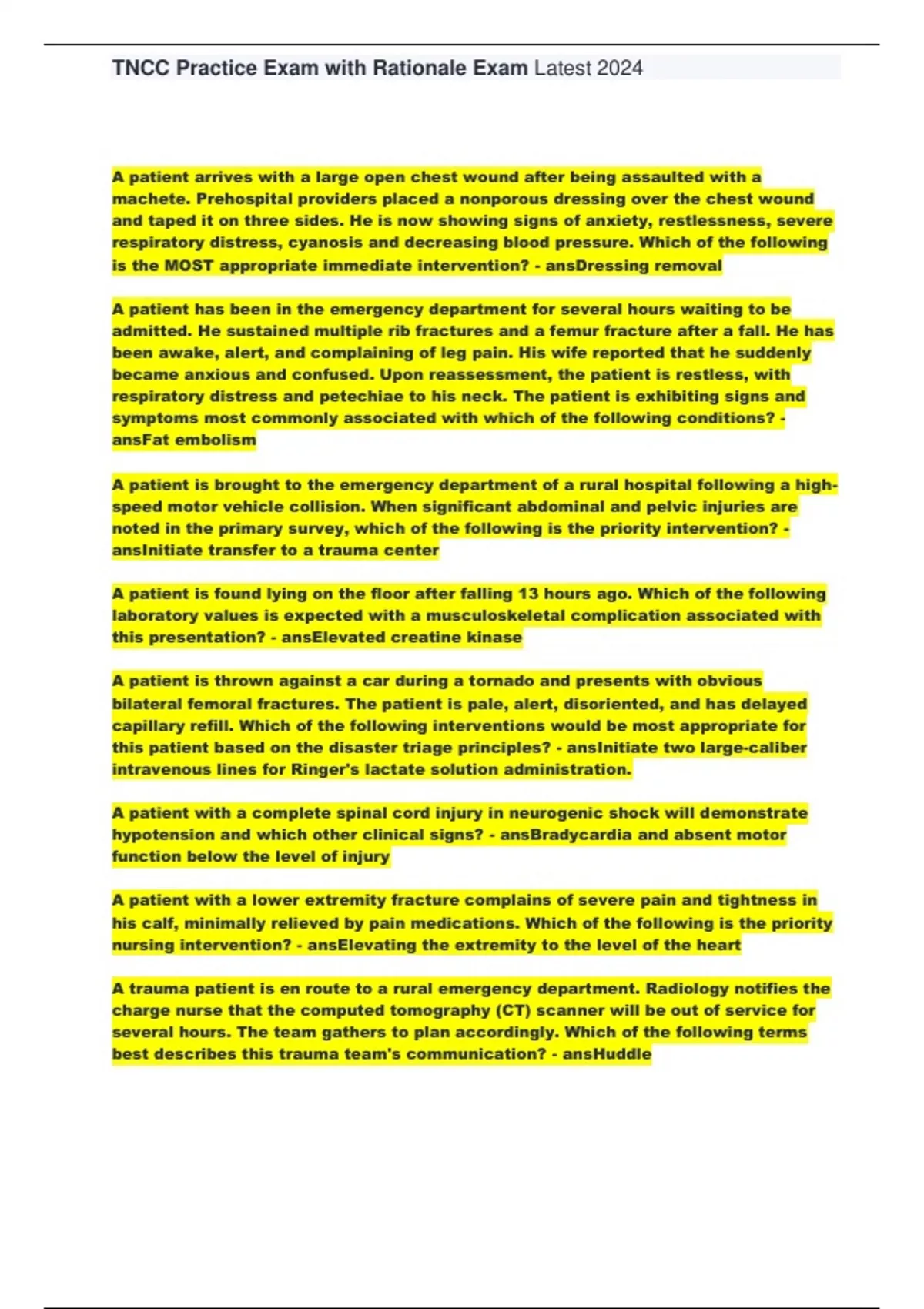 TNCC Practice Exam with Rationale Exam Latest 2024.pdf - Nursing ...