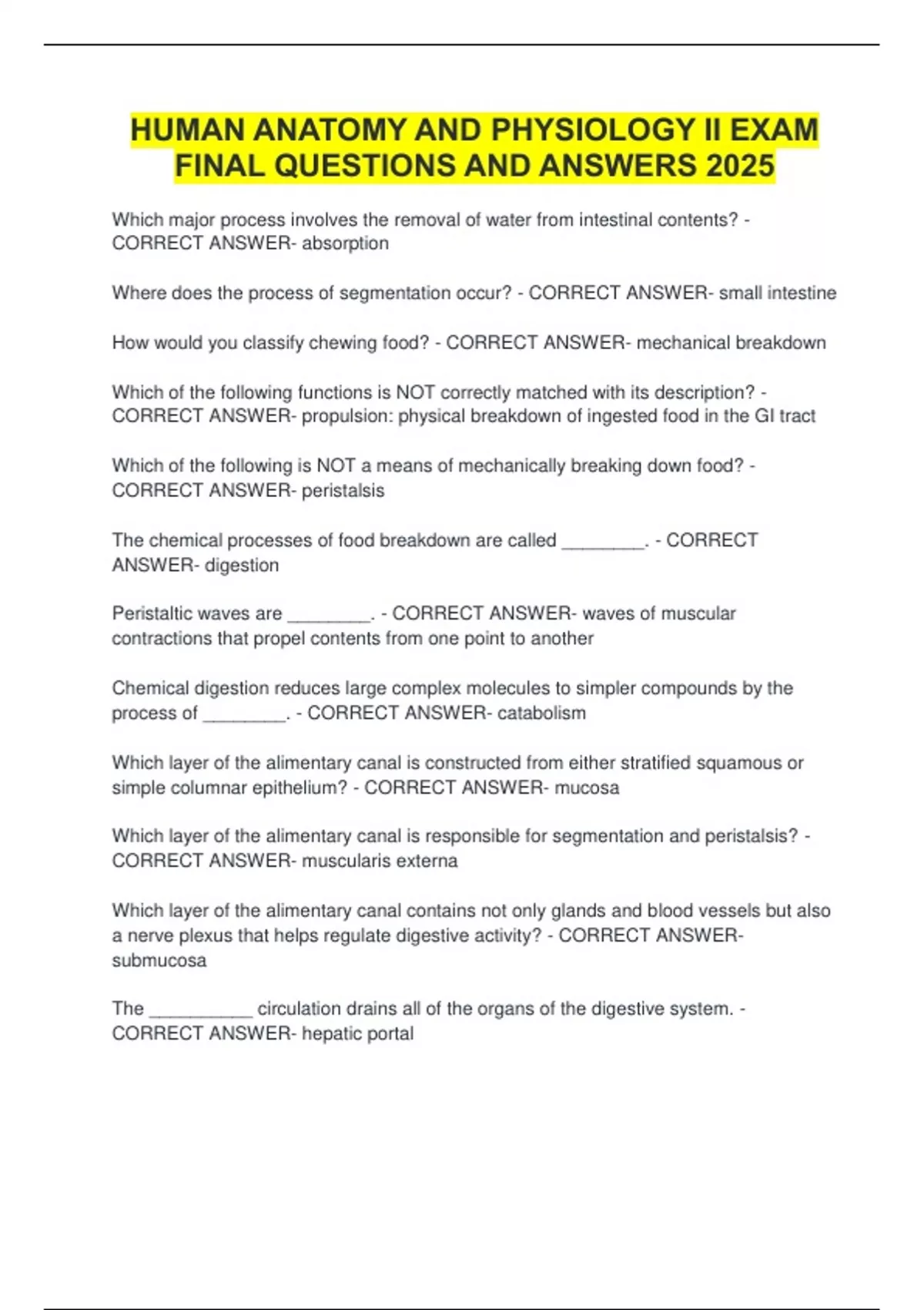 Human Anatomy and Physiology II Exam Final questions and answers 2025 ...