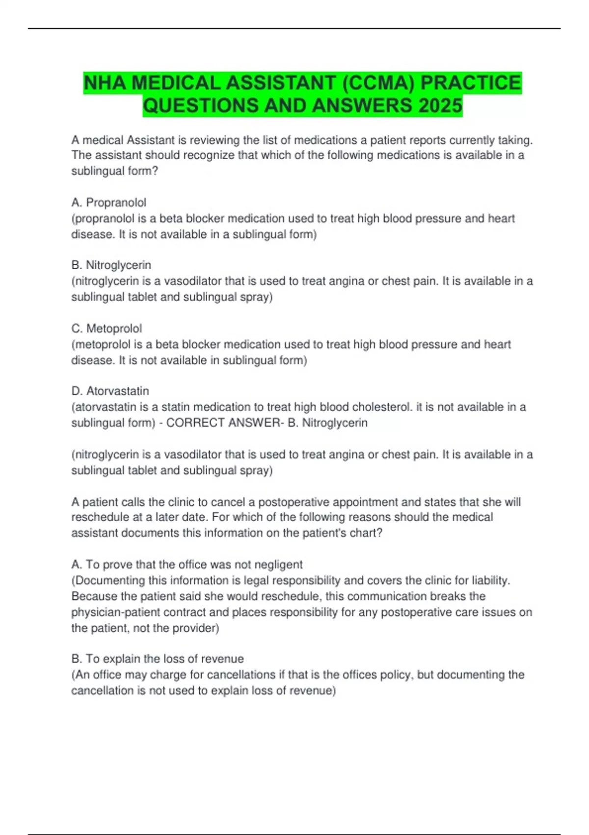 NHA Medical Assistant (CCMA) Practice Questions and answers 2025 - NHA ...