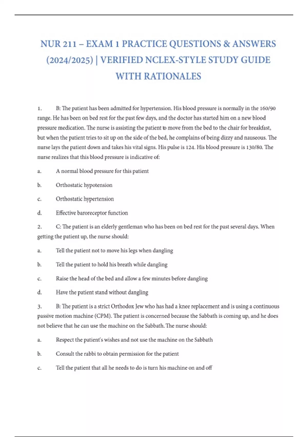 NUR 211 – Exam 1 Practice Questions & Answers (2024/2025) | Verified ...