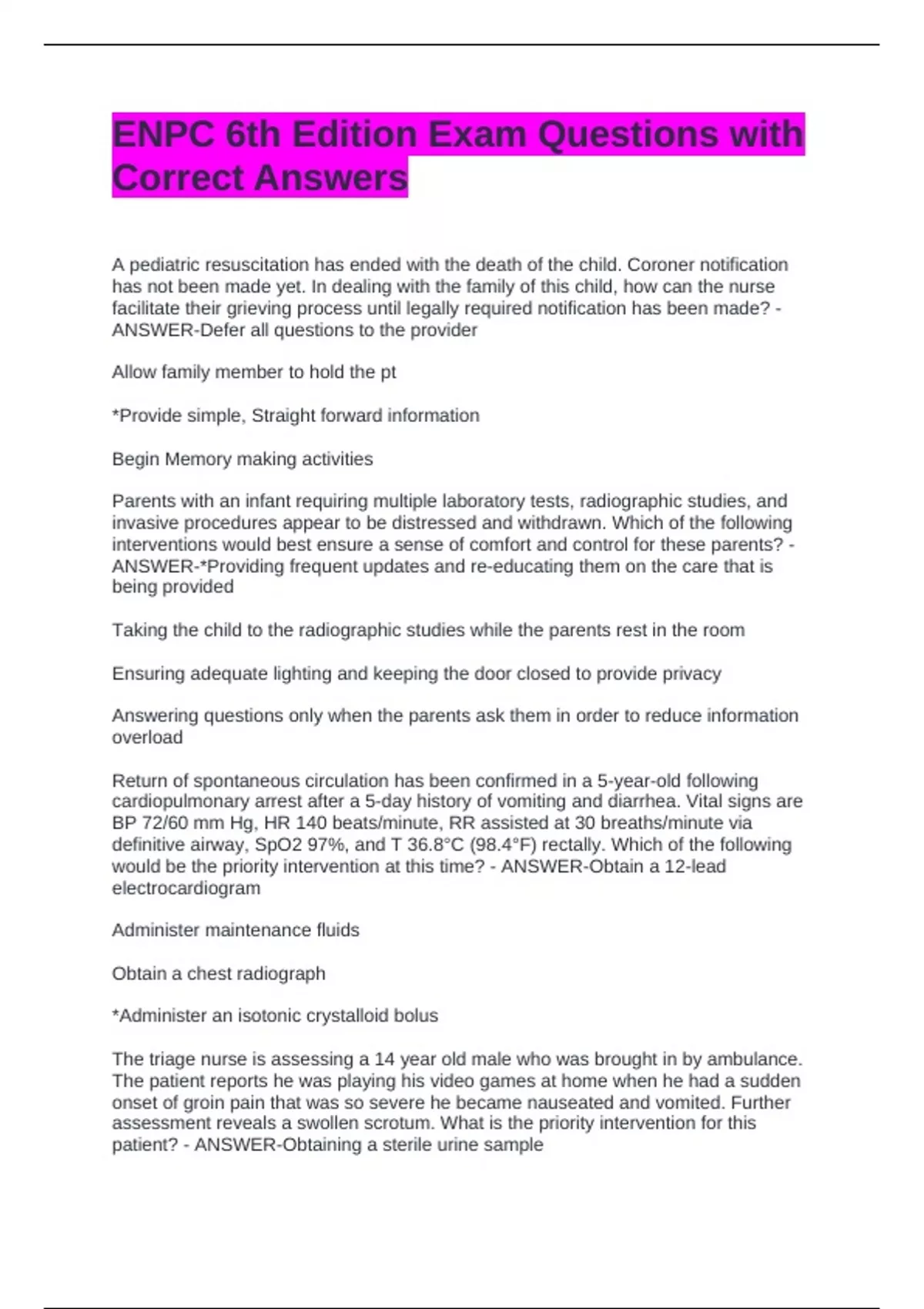 ENPC 6th Edition Exam Questions with Correct Answers - ENPC - Stuvia FR