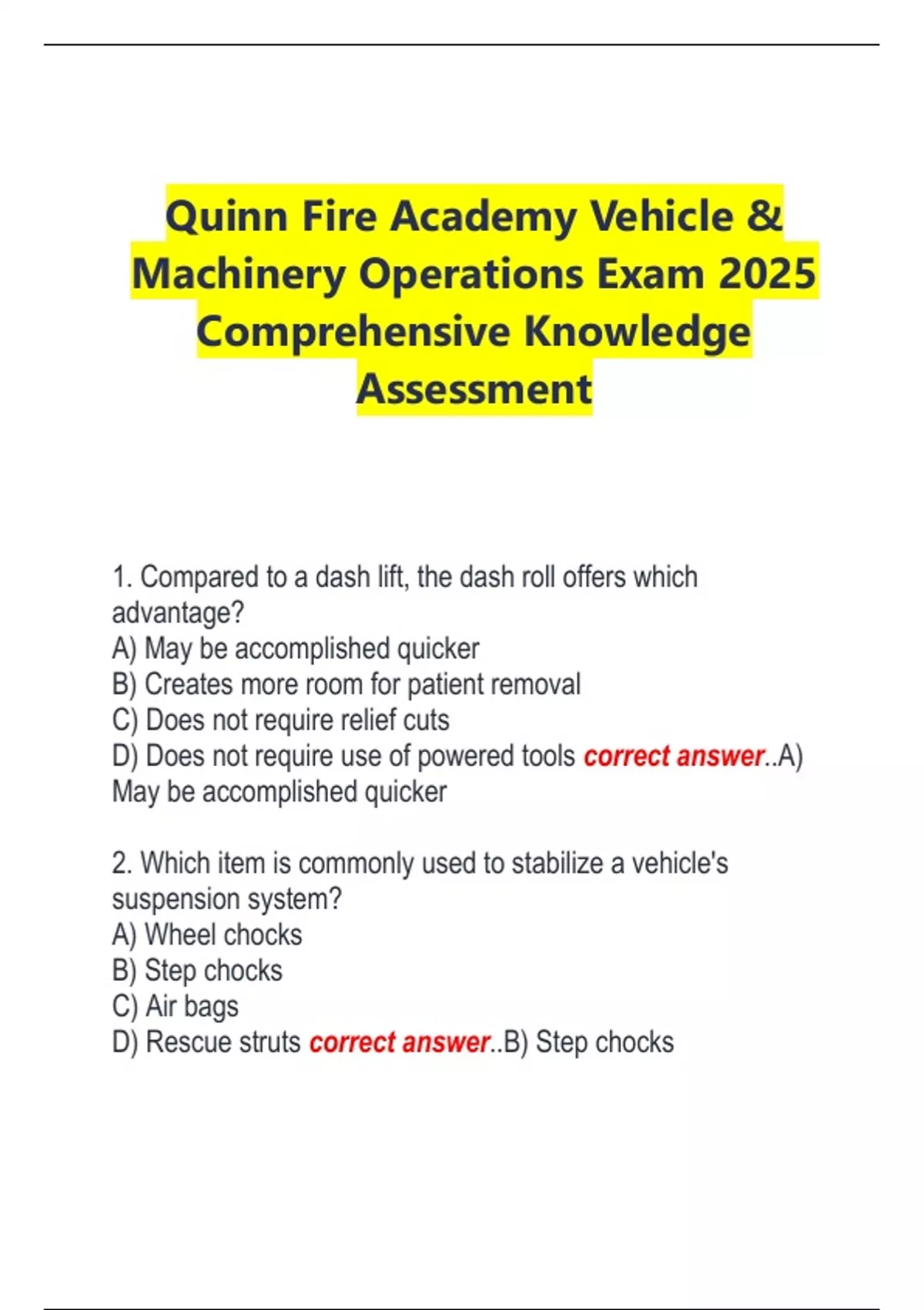 Quinn Fire Academy Vehicle & Machinery Operations Exam 2025 ...