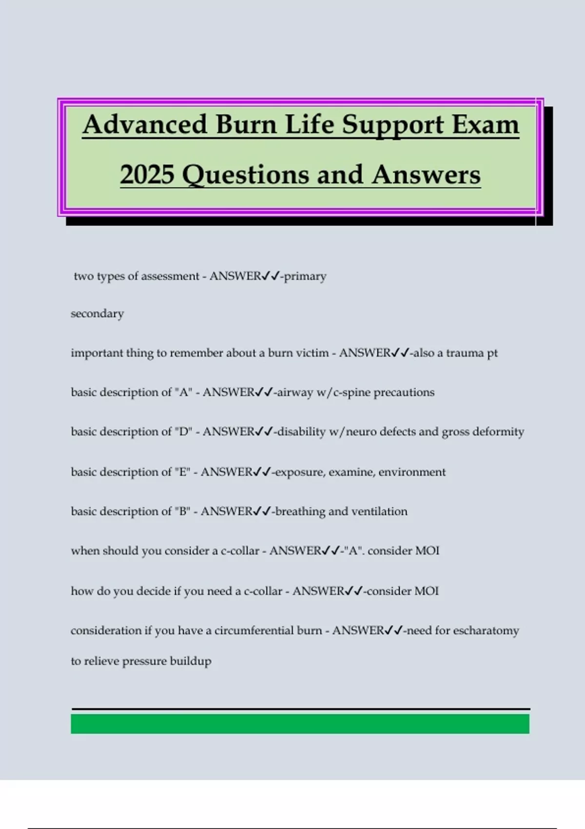 Advanced Burn Life Support Exam 2025 Questions and Answers - Advanced ...