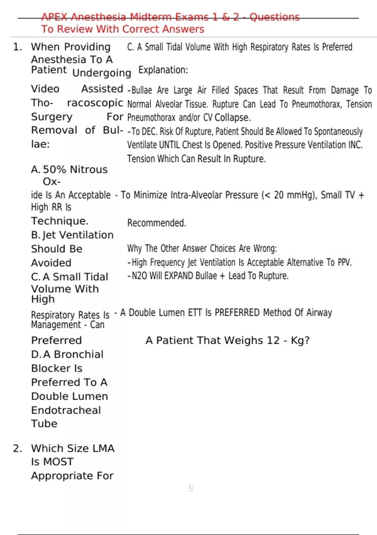 APEX Anesthesia Mock Exams 1 & 2 - Questions To Review - Apex anaesthesia - Stuvia US