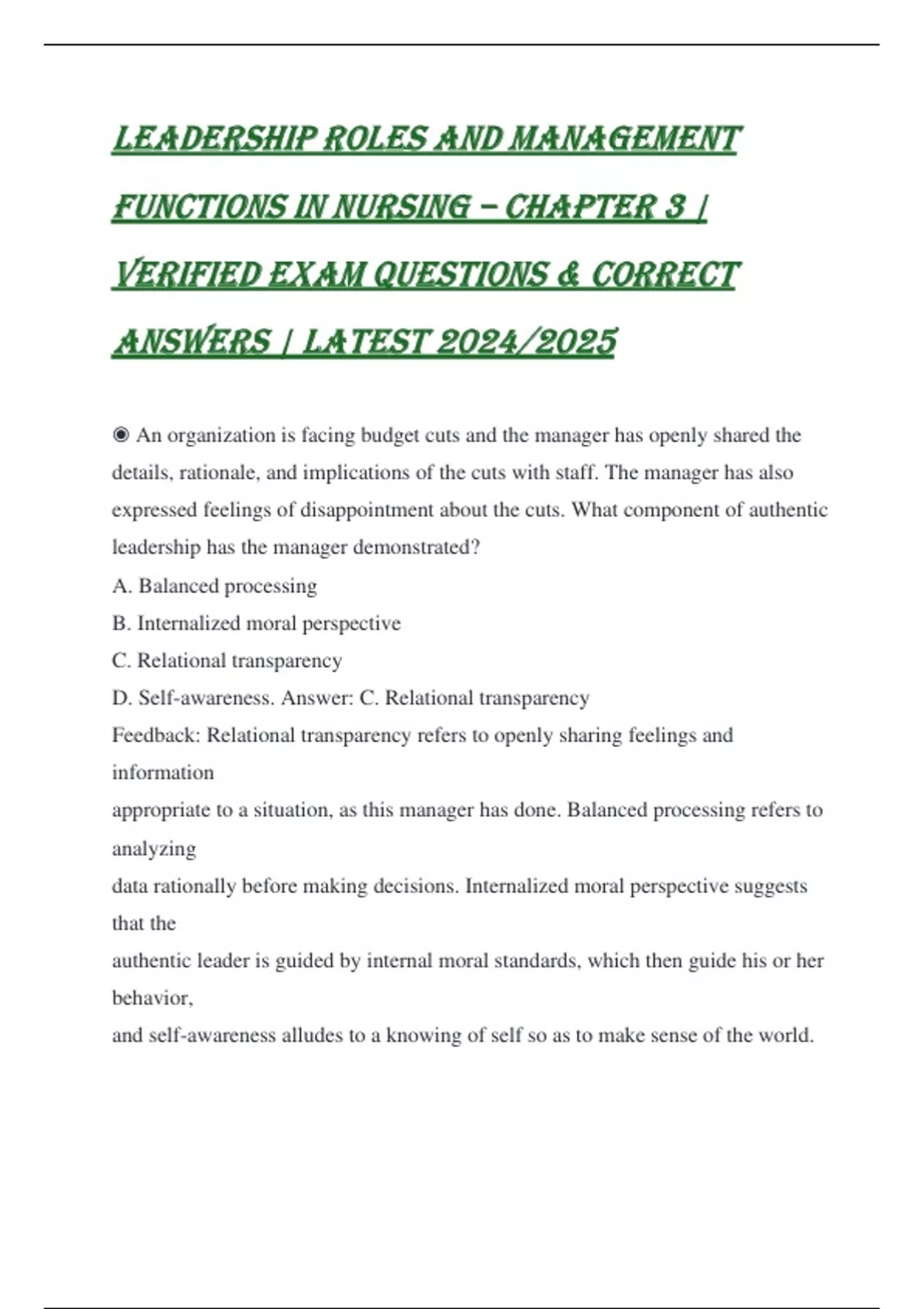 LEADERSHIP ROLES AND MANAGEMENT FUNCTIONS IN NURSING – CHAPTER 3 ...