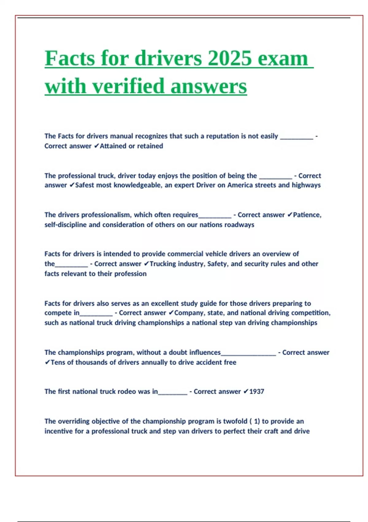 Facts for drivers 2025 exam with verified answers - Truck driver ...