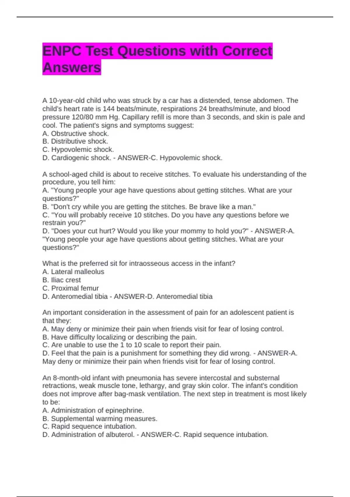 ENPC Test Questions with Correct Answers - ENPC - Stuvia FR