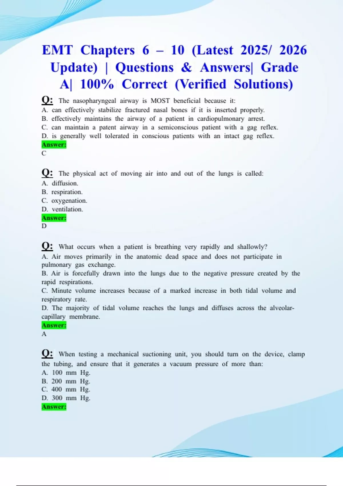 Emt Chapters 6 10 Latest 2025 2026 Update Questions And Answers Grade A 100 Correct