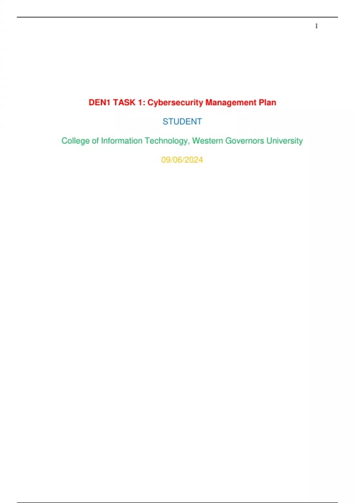 D489 DEN1 TASK 1 Cybersecurity Management Plan With complete solutions ...
