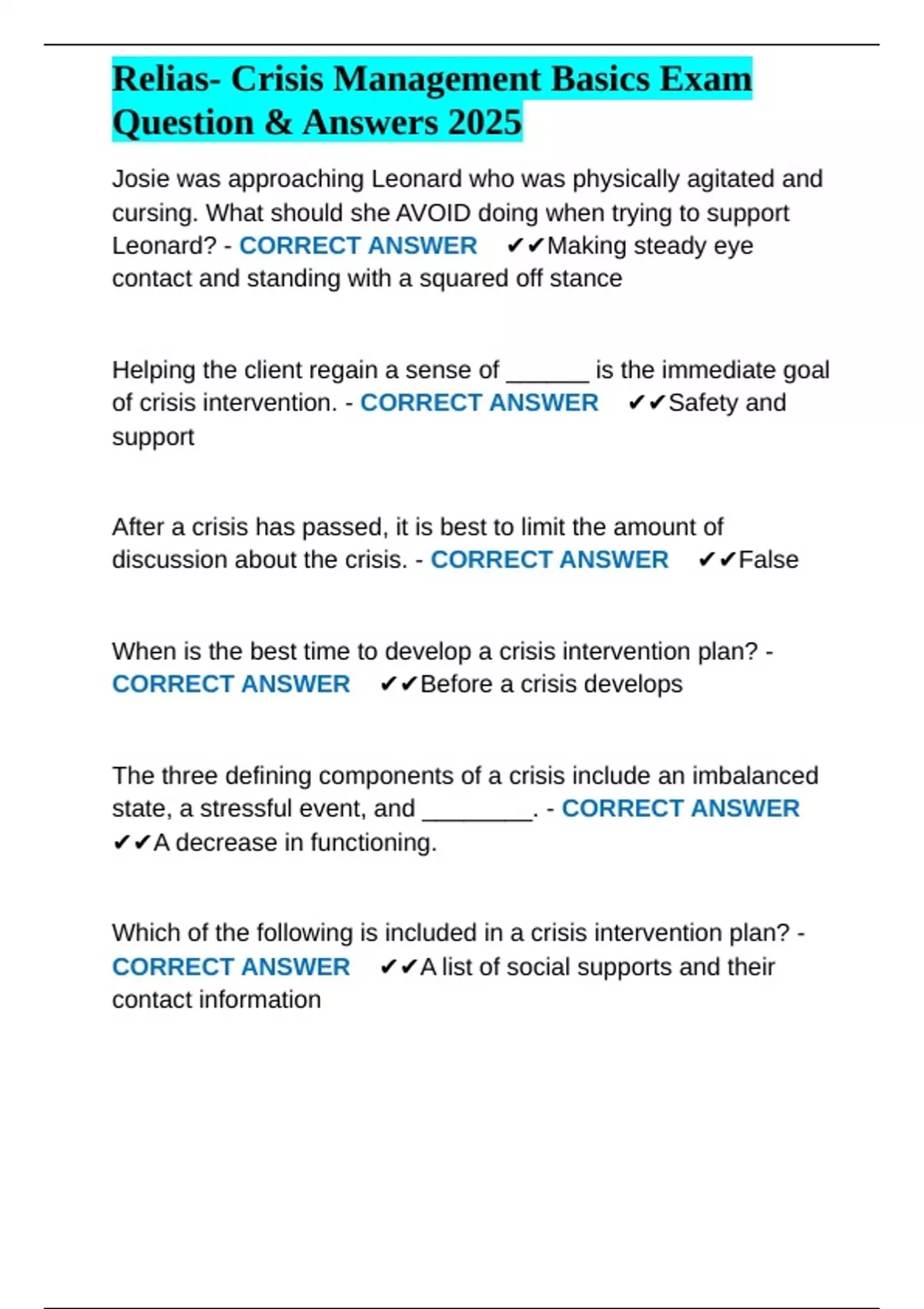 Relias- Crisis Management Basics Exam Question & Answers 2025.docx - A ...