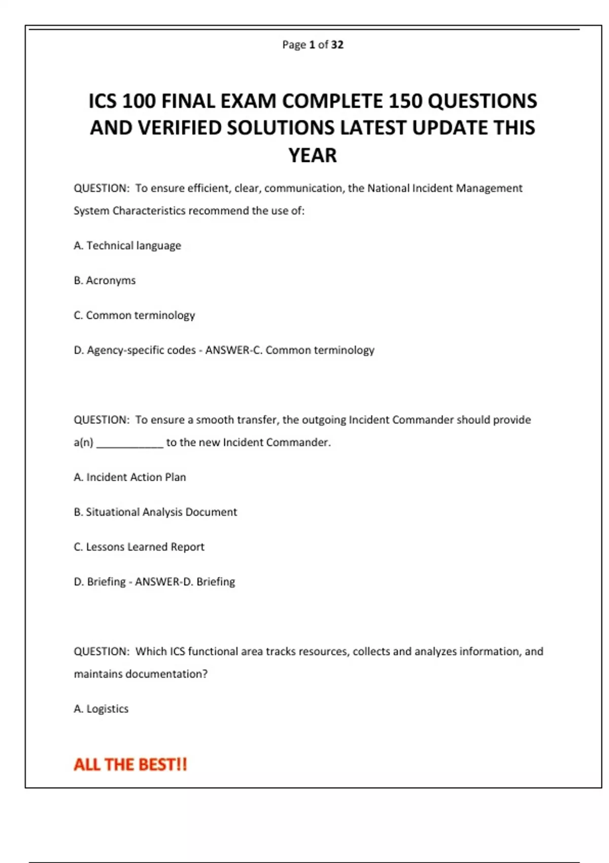 ICS 100 FINAL EXAM COMPLETE 150 QUESTIONS AND VERIFIED SOLUTIONS LATEST ...