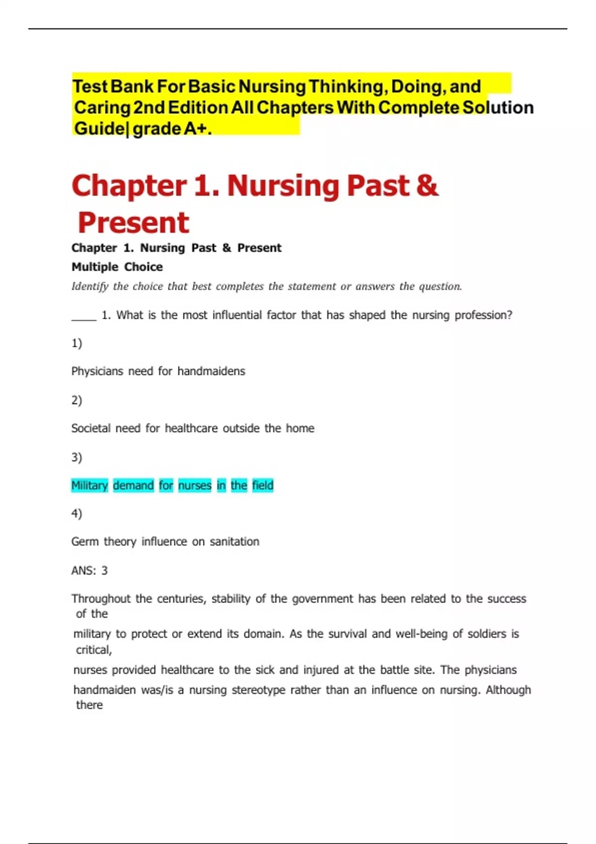 Basic Nursing: Thinking, Doing, and Caring, 2nd Edition – Complete Test ...