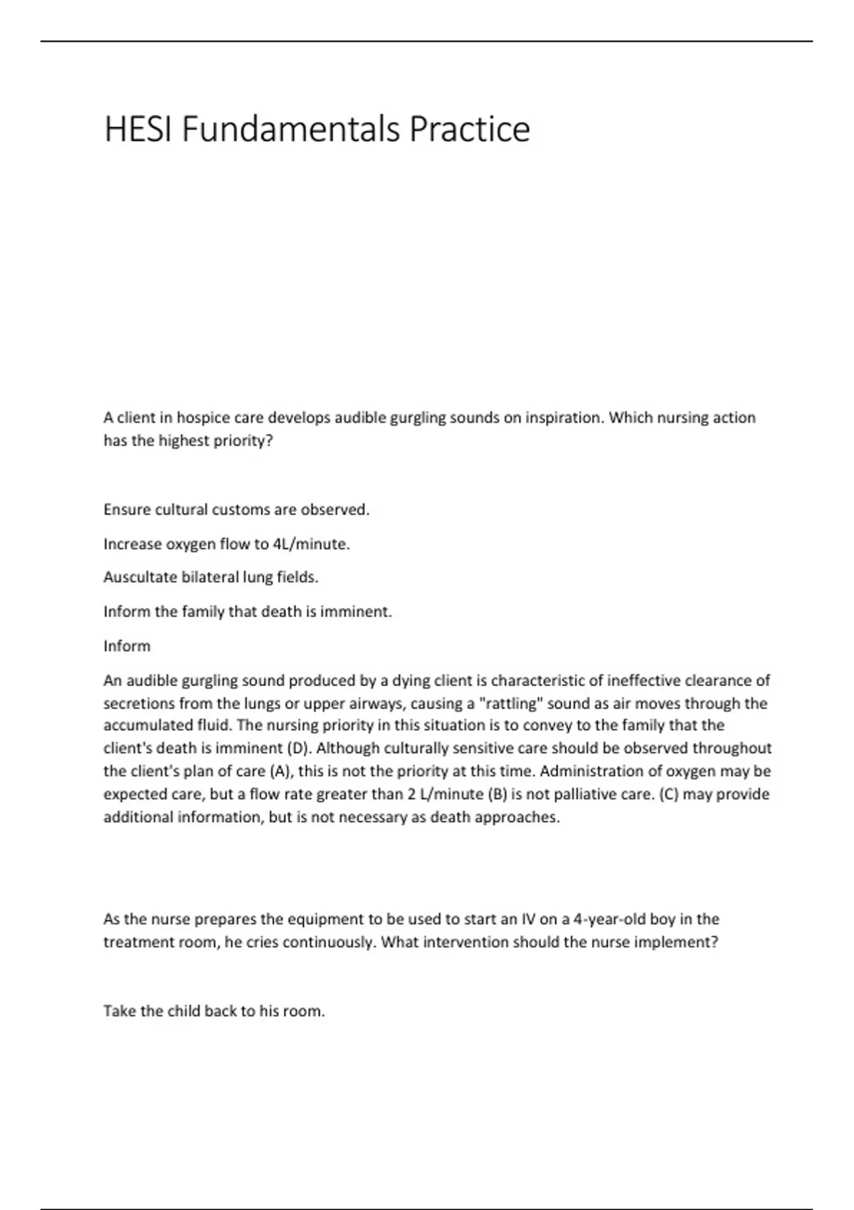 HESI Fundamentals Practice Actual EXAM Questions and Revised / Reviewed ...