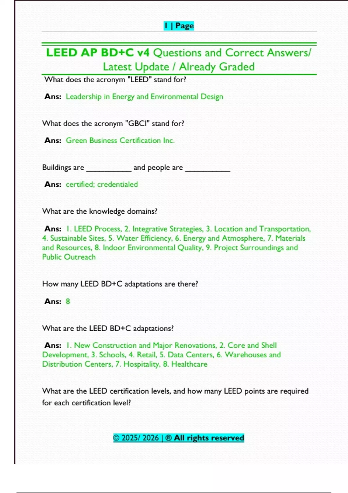 LEED AP BD+C v4 | Comprehensive Exam Q&A | 2025–2026 | Concepts, Definitions, and Credit ...