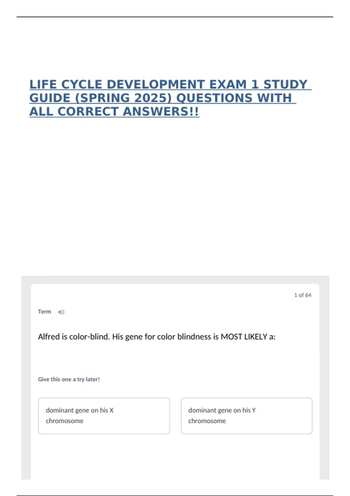 LIFE CYCLE DEVELOPMENT EXAM 1 STUDY GUIDE (SPRING 2025) QUESTIONS WITH ...