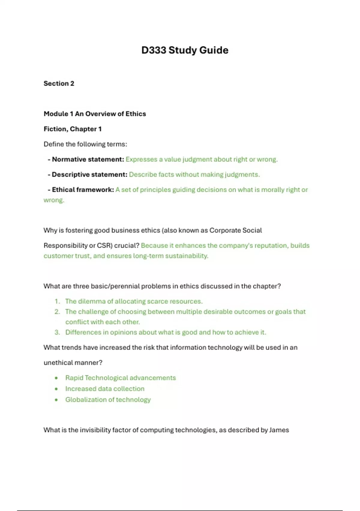 D333 Study Guide Section 2 Module 1 An Overview of Ethics - D333 ...