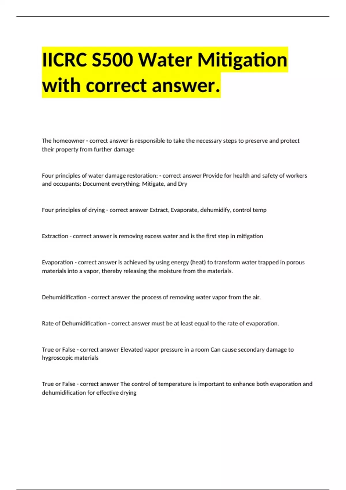 IICRC S500 Water Mitigation with correct answer - WRT-ASD Kahoots ...