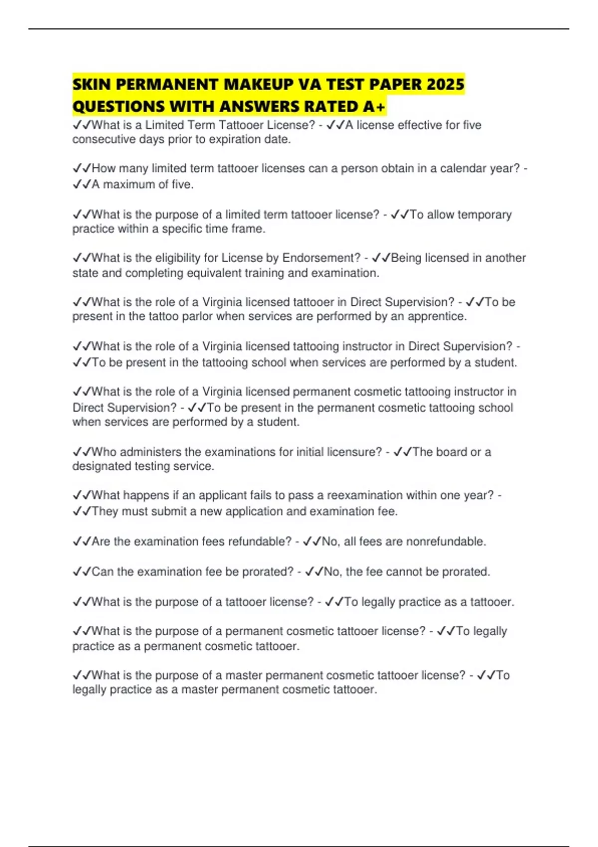 SKIN PERMANENT MAKEUP VA TEST PAPER 2025 QUESTIONS WITH ANSWERS RATED ...