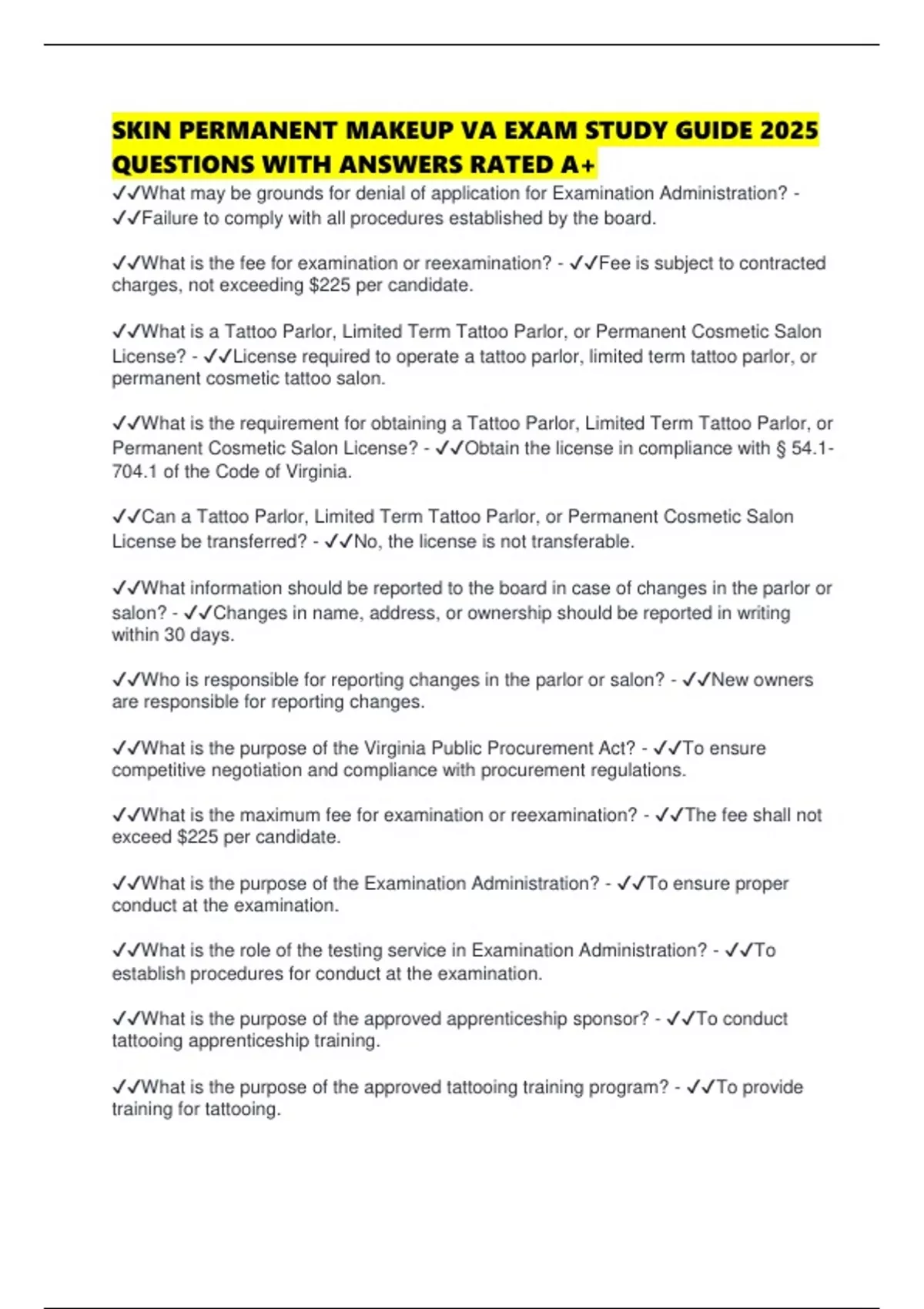 SKIN PERMANENT MAKEUP VA EXAM STUDY GUIDE 2025 QUESTIONS WITH ANSWERS ...