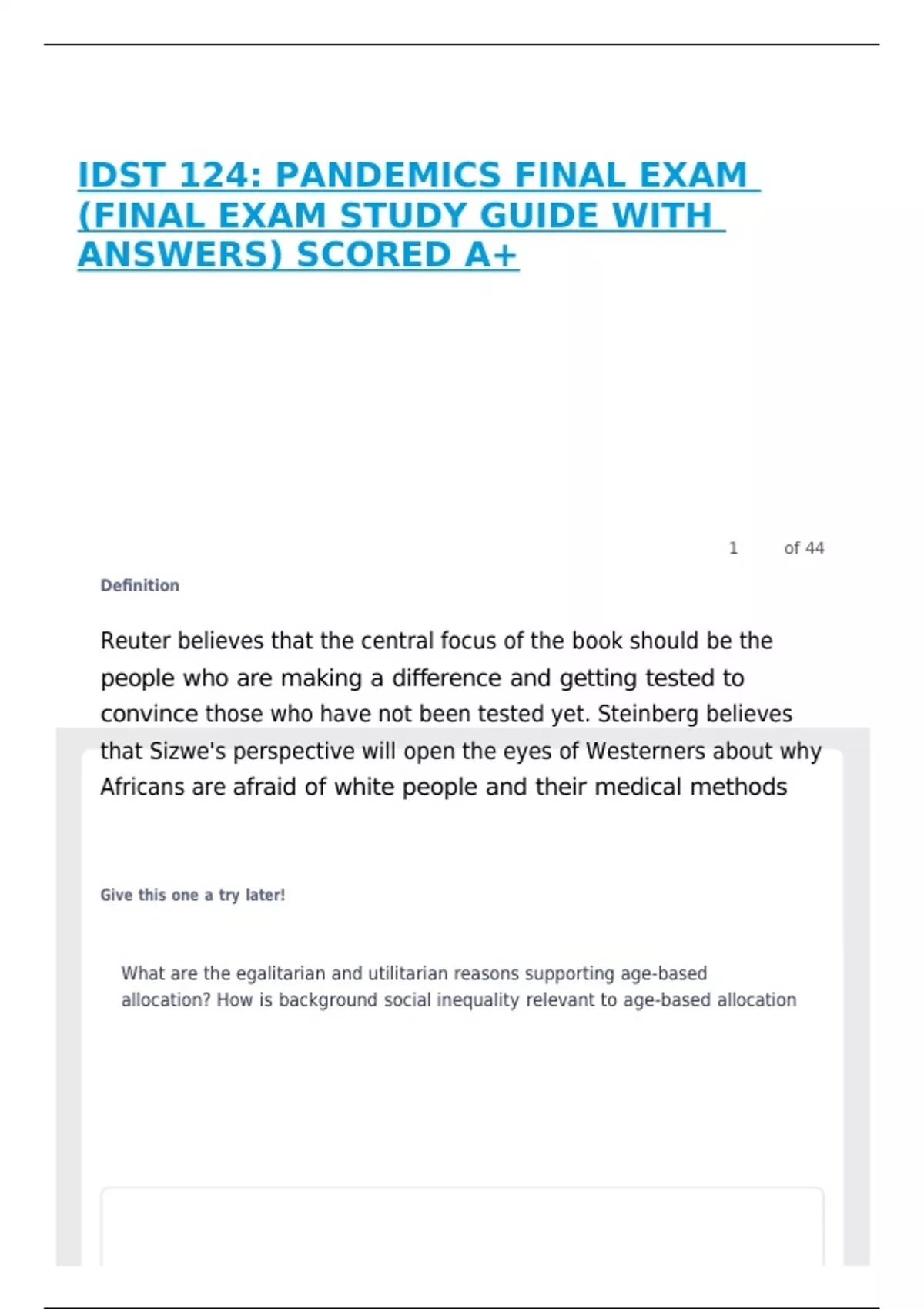 IDST 124: PANDEMICS FINAL EXAM (FINAL EXAM STUDY GUIDE WITH ANSWERS) SCORED A+ - IDST 124 ...