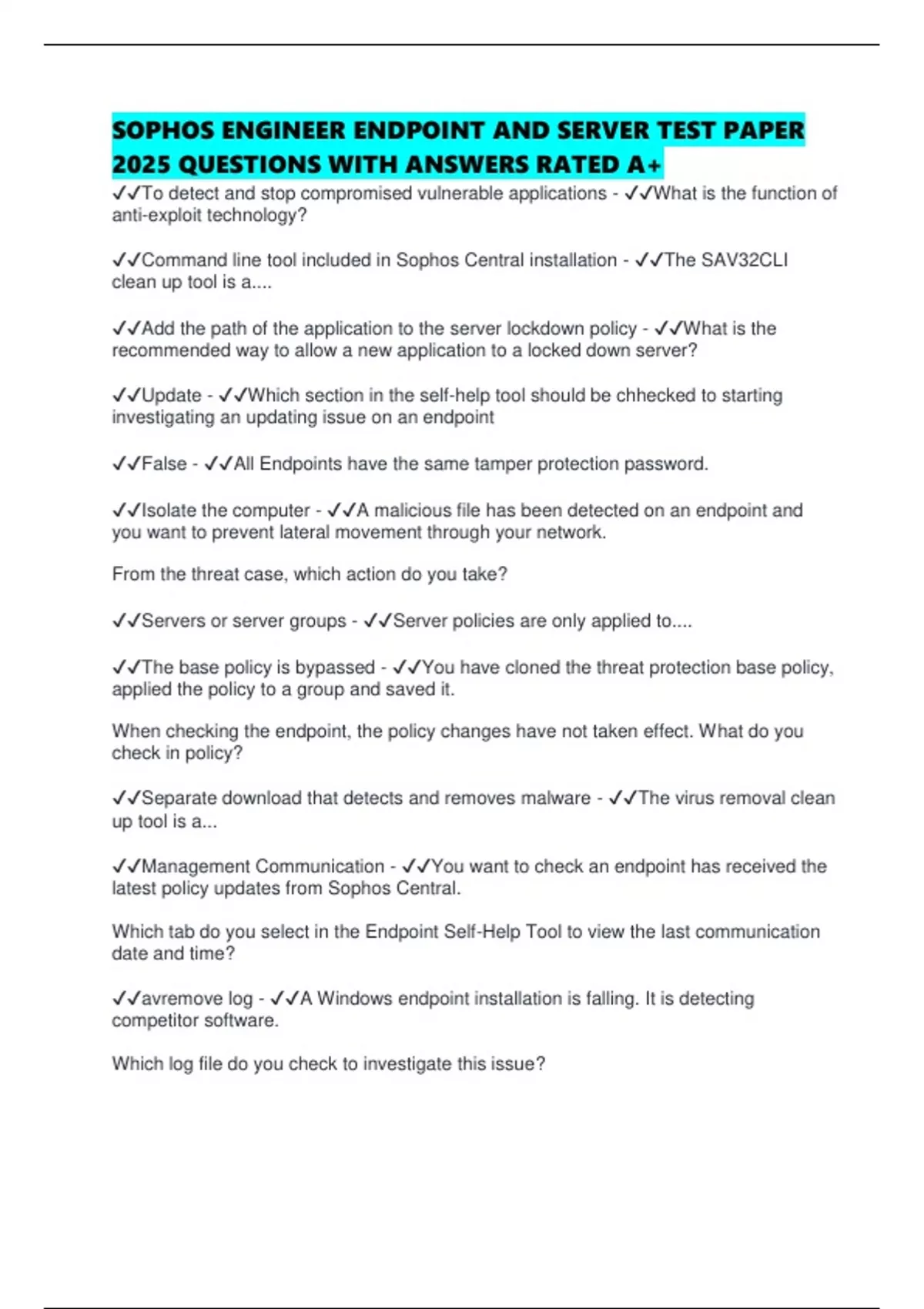 SOPHOS ENGINEER ENDPOINT AND SERVER TEST PAPER 2025 QUESTIONS WITH ...