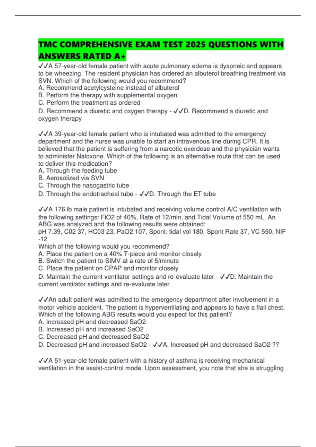 TMC COMPREHENSIVE EXAM TEST 2025 QUESTIONS WITH ANSWERS RATED A+ - TMC ...