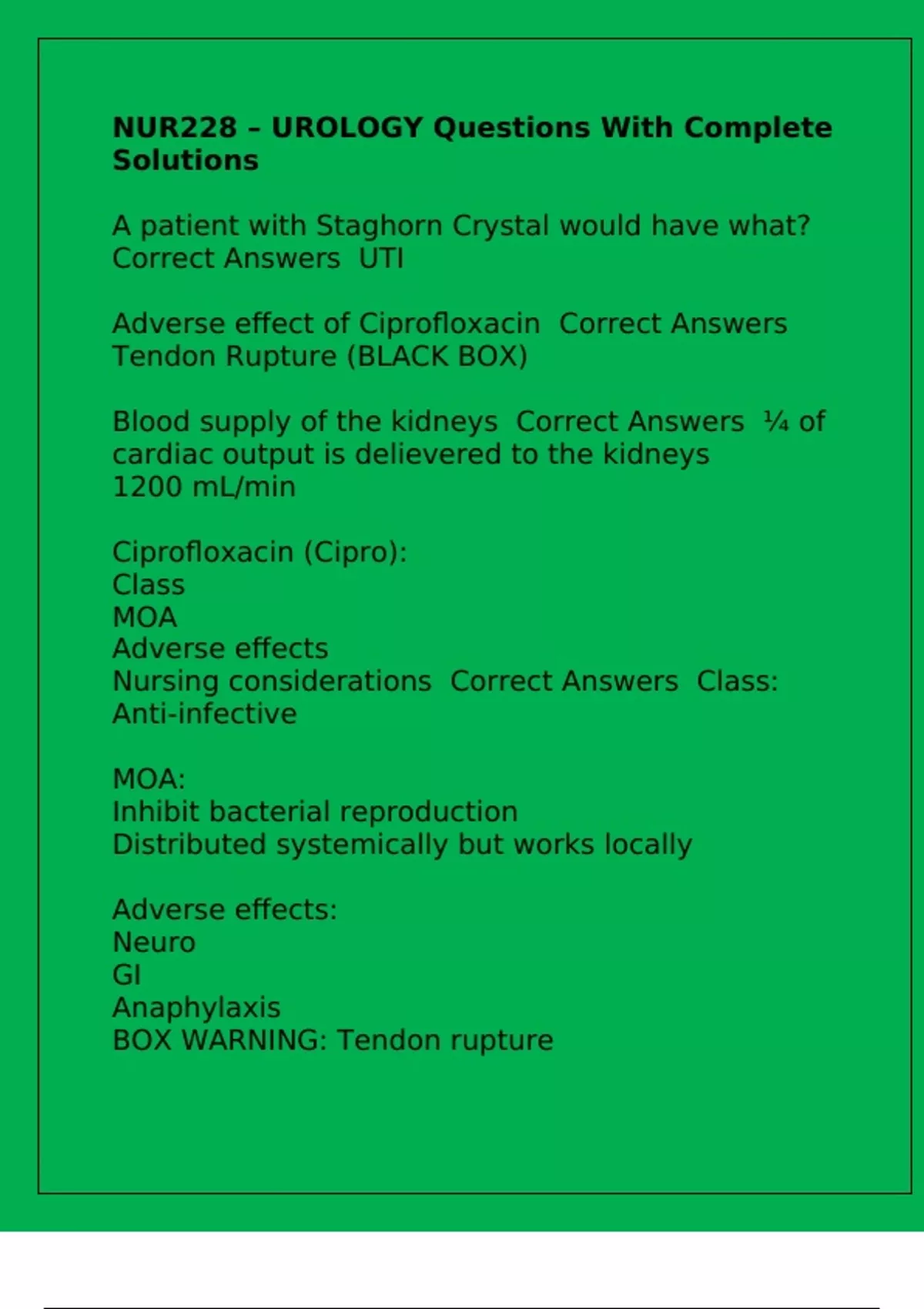 NUR228 – UROLOGY Questions With Complete Solutions - NUR 228 - Stuvia US