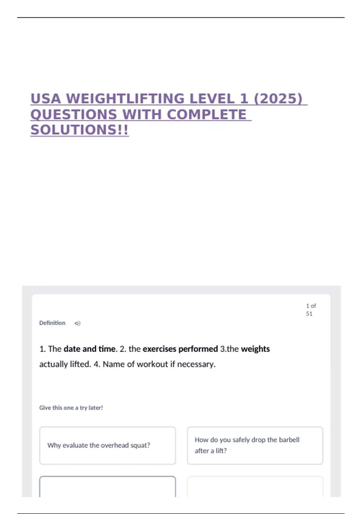 USA WEIGHTLIFTING LEVEL 1 (2025) QUESTIONS WITH COMPLETE SOLUTIONS!! - USA WEIGHTLIFTING LEVEL 1 ...