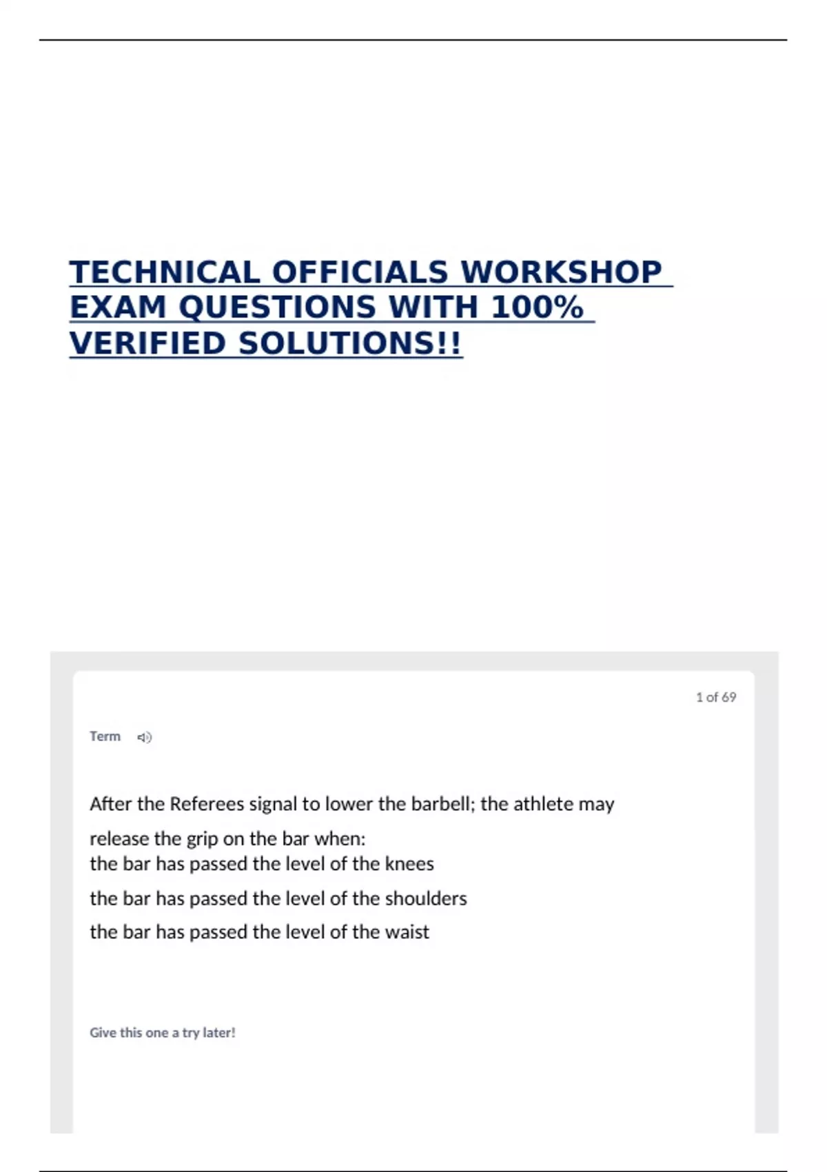 TECHNICAL OFFICIALS WORKSHOP EXAM QUESTIONS WITH 100% VERIFIED ...