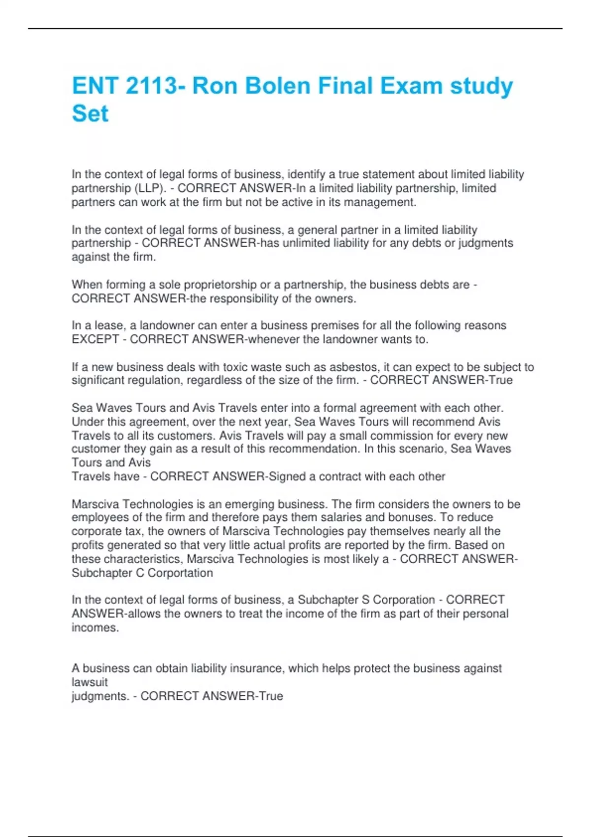 ENT 2113- Ron Bolen Final Exam study Set Questions And Answers Rated A+ New Update Assured ...