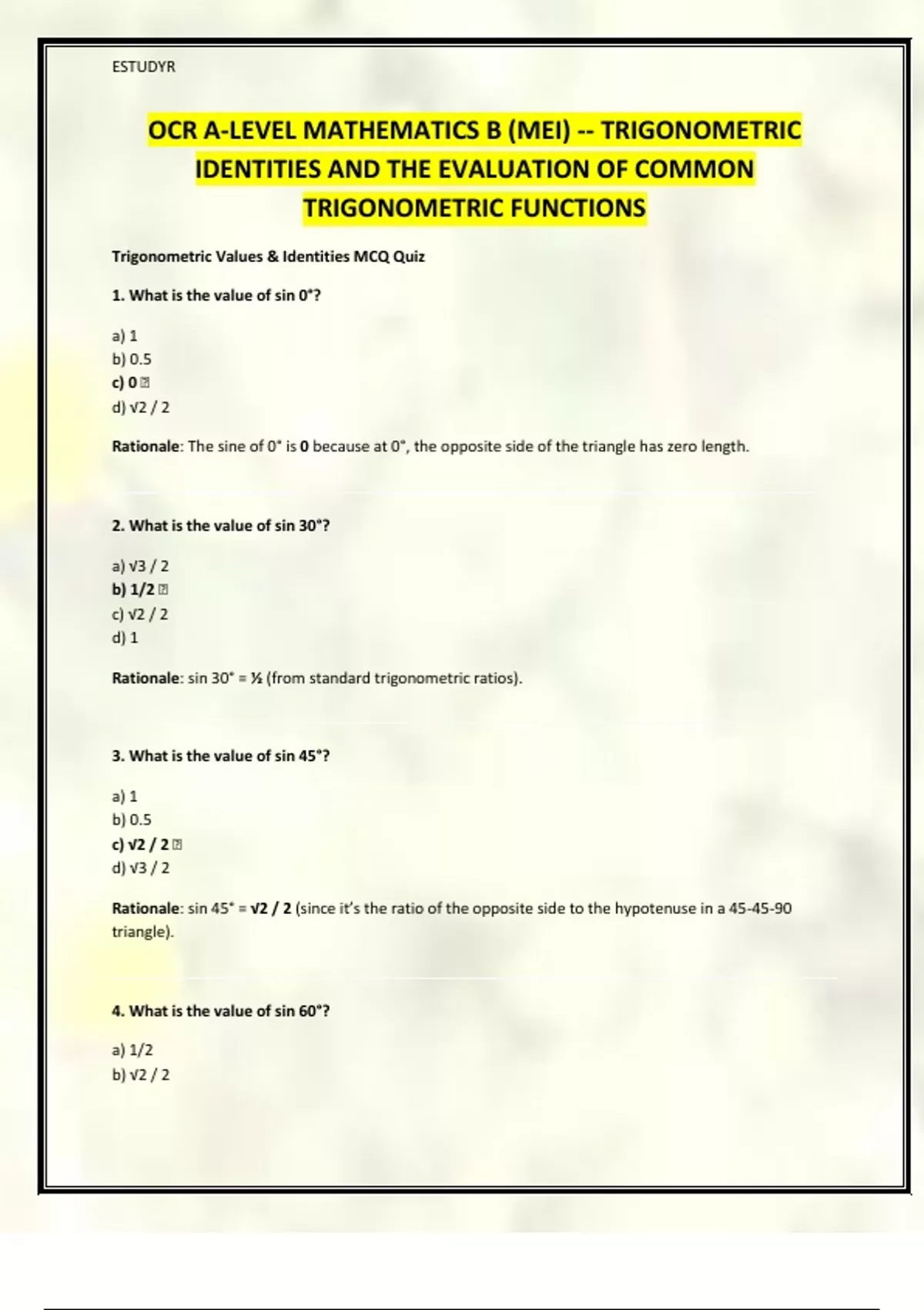 Ocr A Level Mathematics B Mei Trigonometric Identities And The Evaluation Of Common