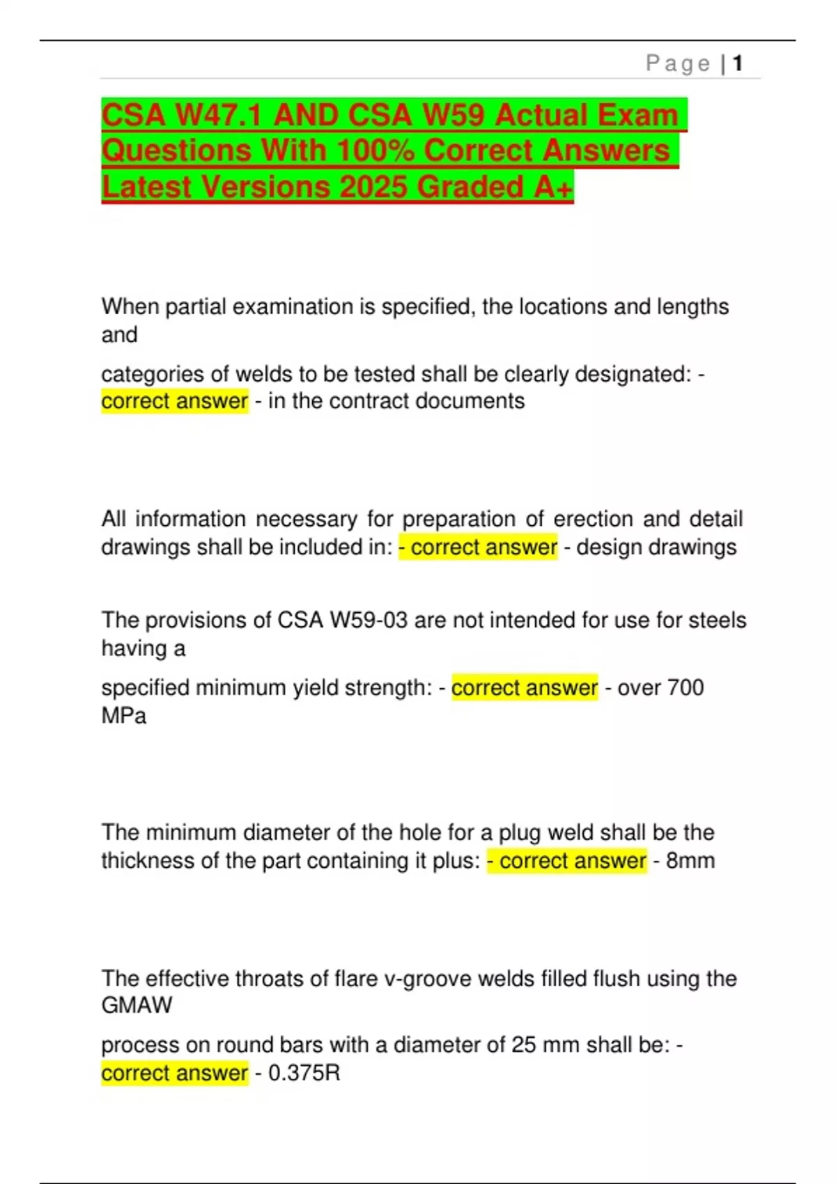CSA W47.1 AND CSA W59 Actual Exam Questions With 100- Correct Answers ...