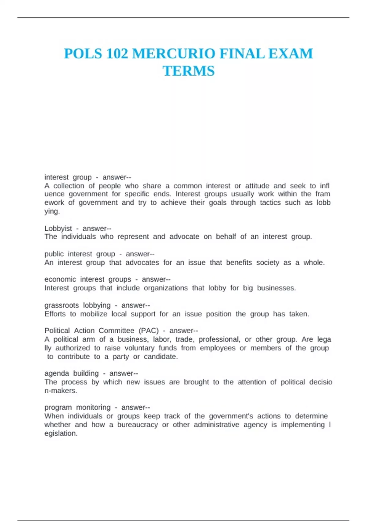 POLS 102 MERCURIO FINAL EXAM TERMS QUESTIONS AND ANSWERS 100% CORRECT | NEW UPDATE 2025 - POLS ...