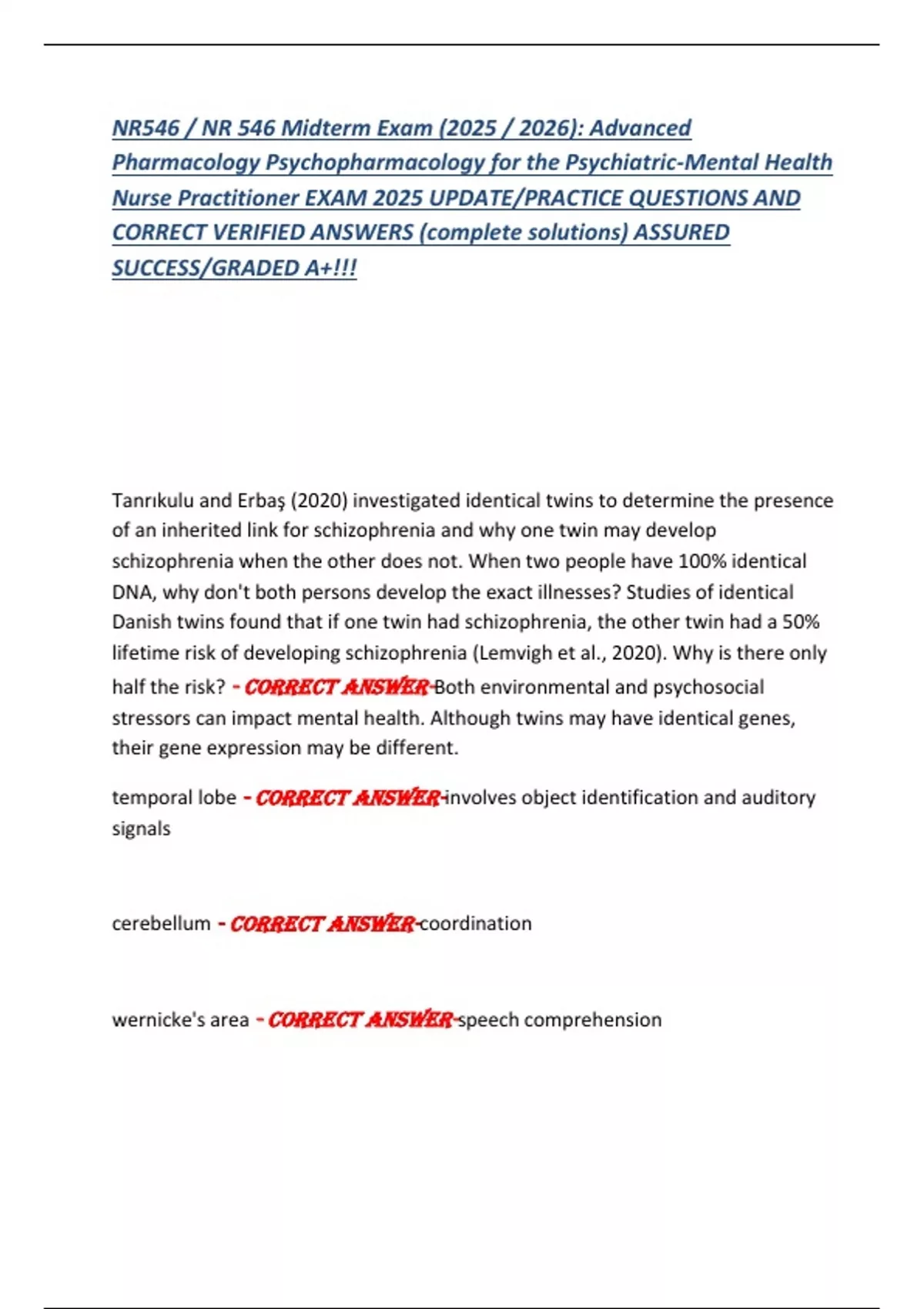 NR546 / NR 546 Midterm Exam (2025 / 2026): Advanced Pharmacology Psychopharmacology for the ...