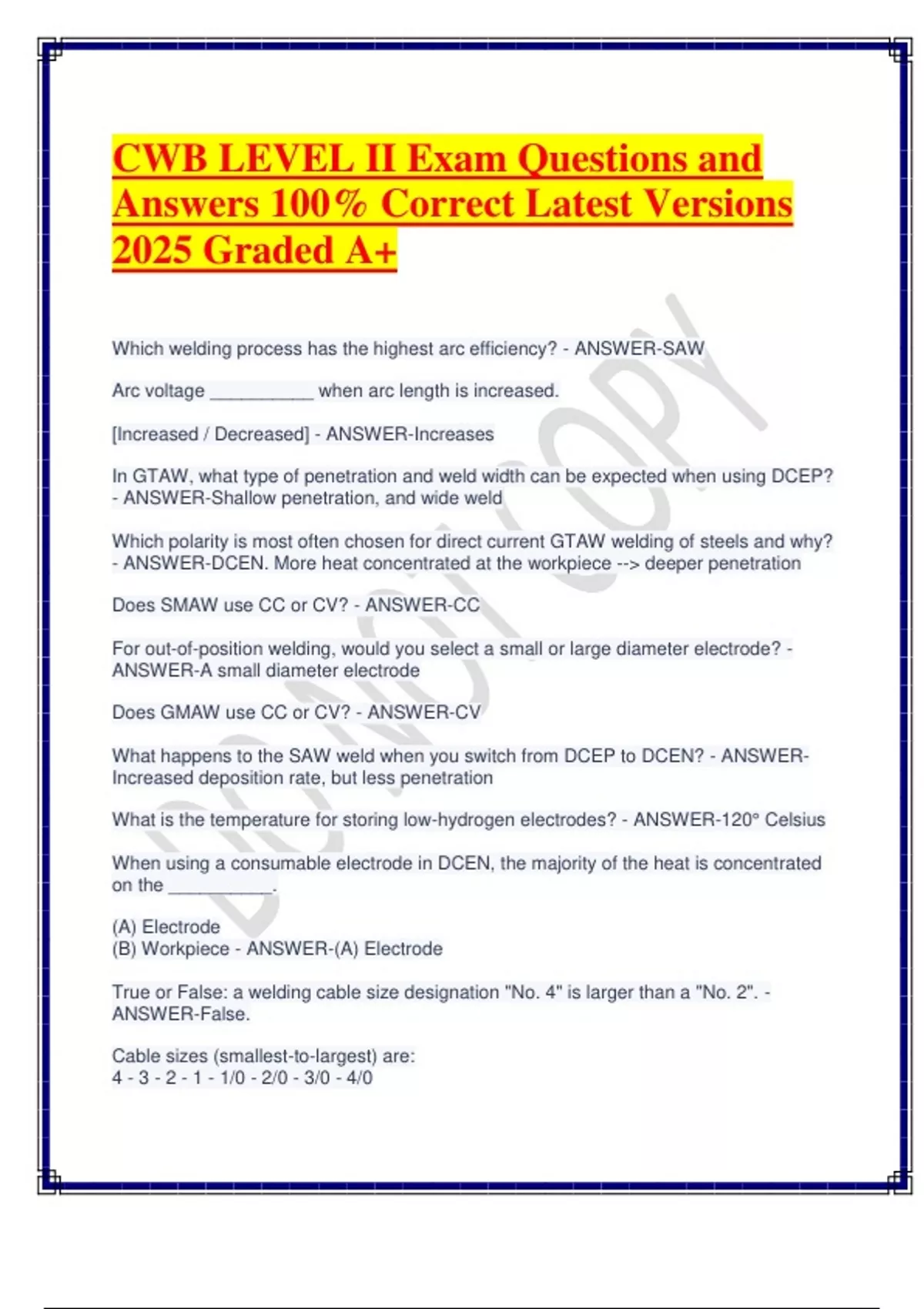 CWB LEVEL II Exam Questions and Answers 100- Correct Latest Versions ...