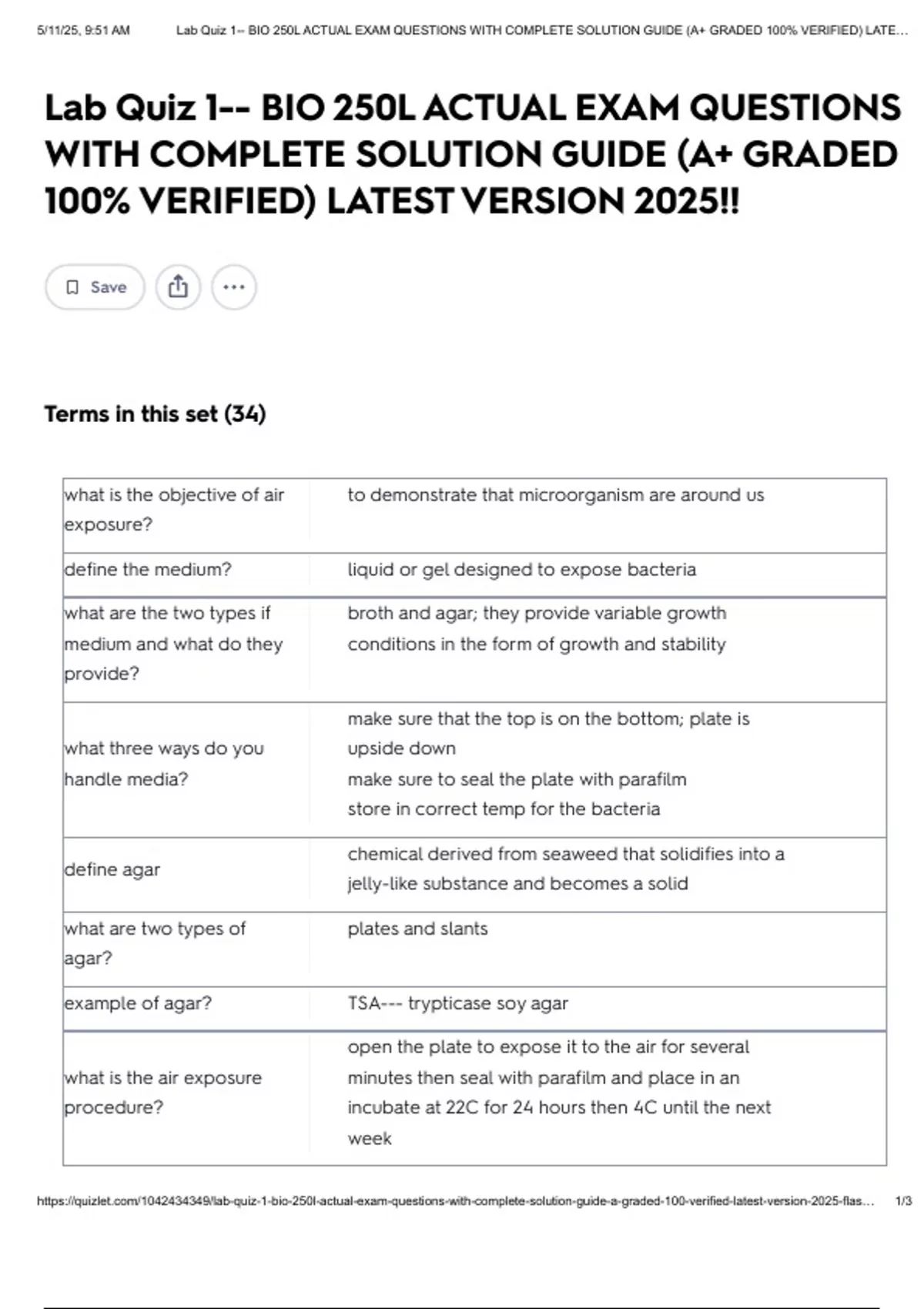 Lab Quiz 1-- BIO 250L ACTUAL EXAM QUESTIONS WITH COMPLETE SOLUTION ...