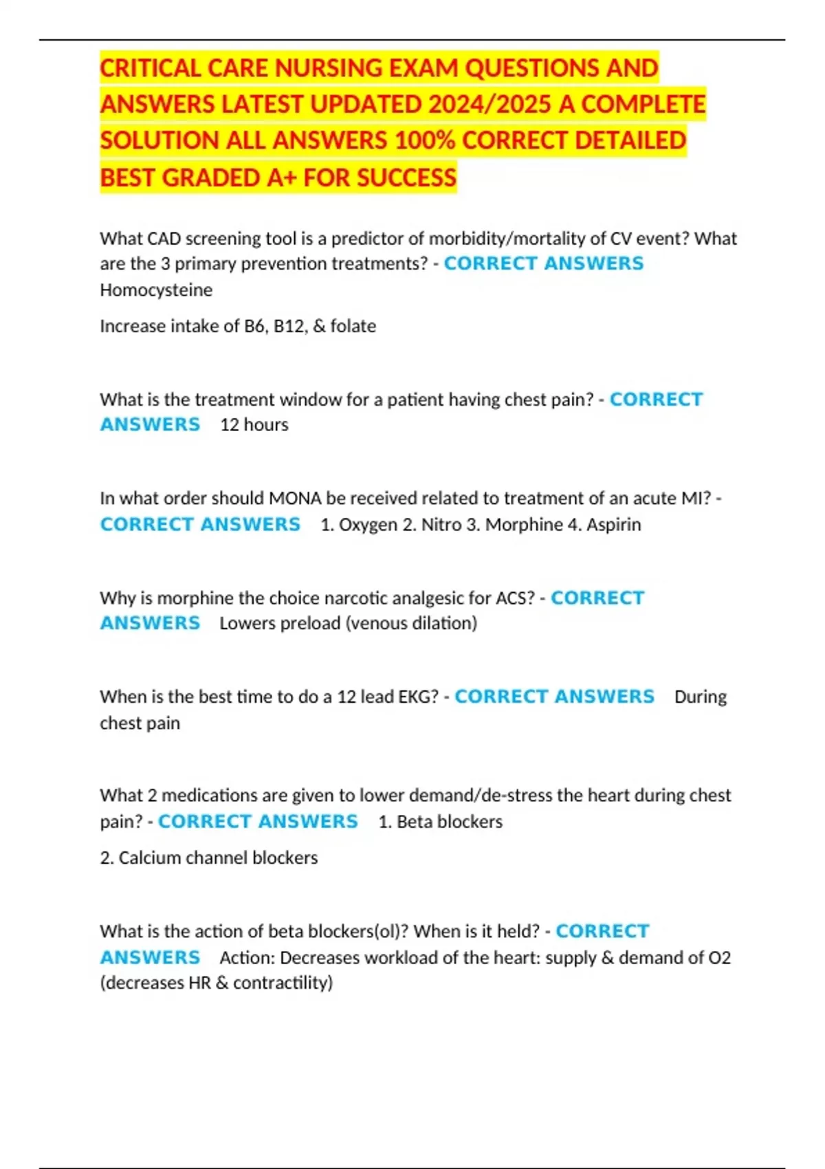 CRITICAL CARE NURSING EXAM QUESTIONS AND ANSWERS LATEST UPDATED 2024/ ...