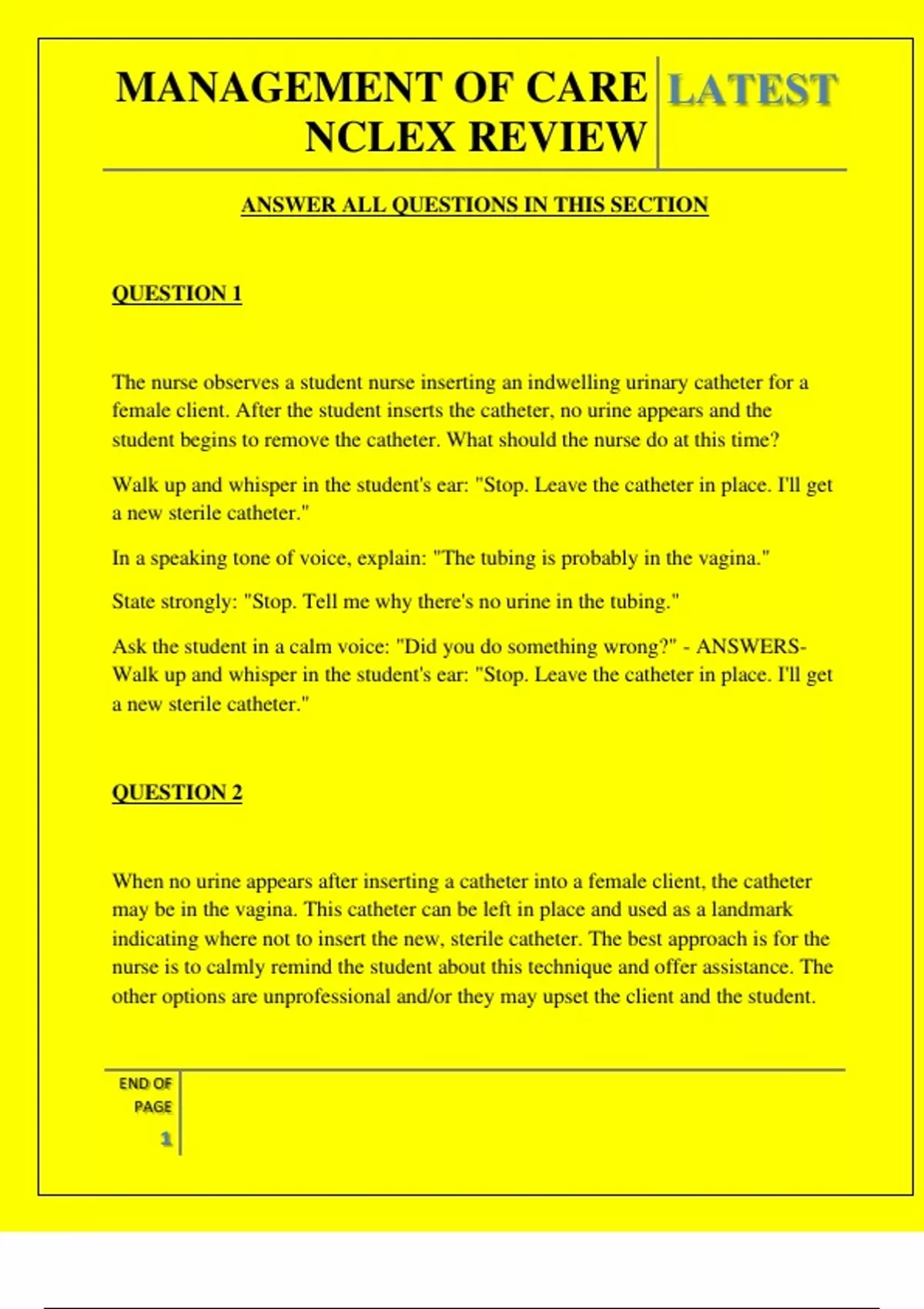 MANAGEMENT OF CARE NCLEX REVIEW QUESTIONS AND ANSWERS 2025 - MANAGEMENT ...