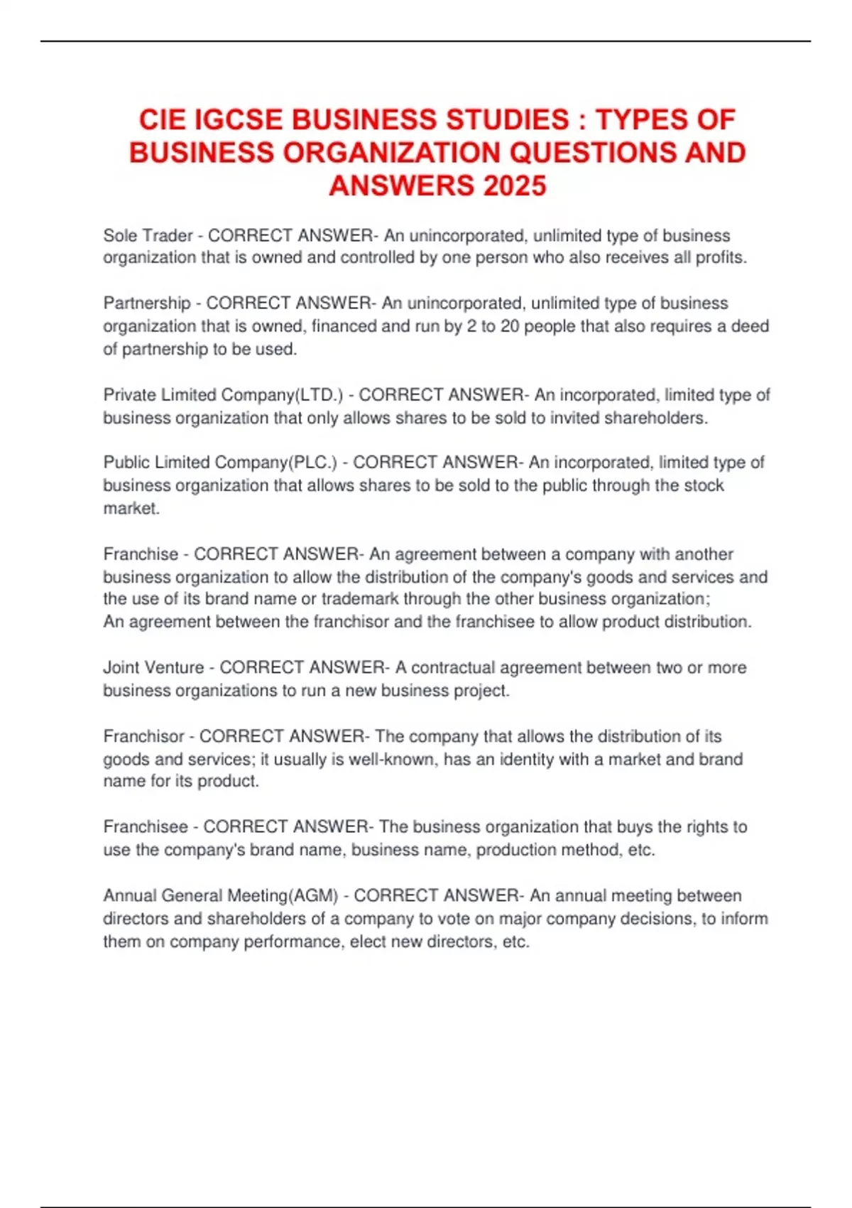 CIE IGCSE Business Studies : Types of Business Organization questions and answers 2025 - CIE ...
