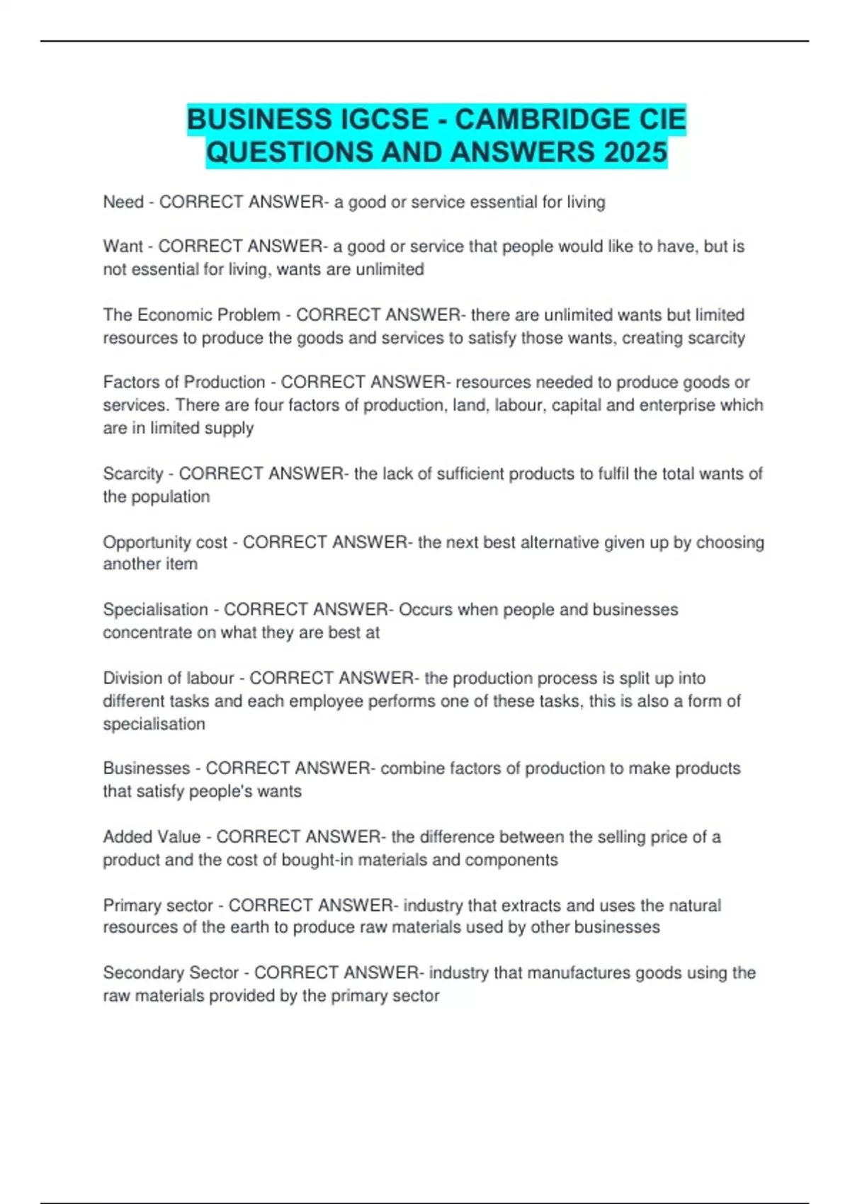 Business IGCSE - Cambridge CIE questions and answers 2025 - Business IGCSE - Cambridge CIE ...