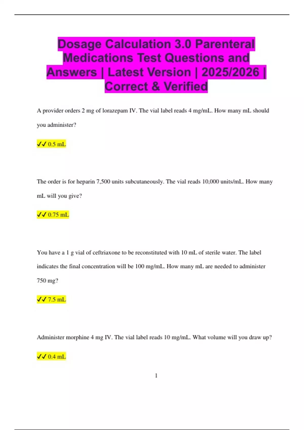 Dosage Calculation 3.0 Parenteral Medications Test Questions and ...