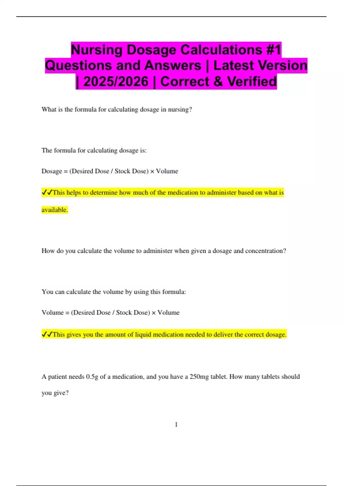 Nursing Dosage Calculations #1 Questions and Answers | Latest Version ...