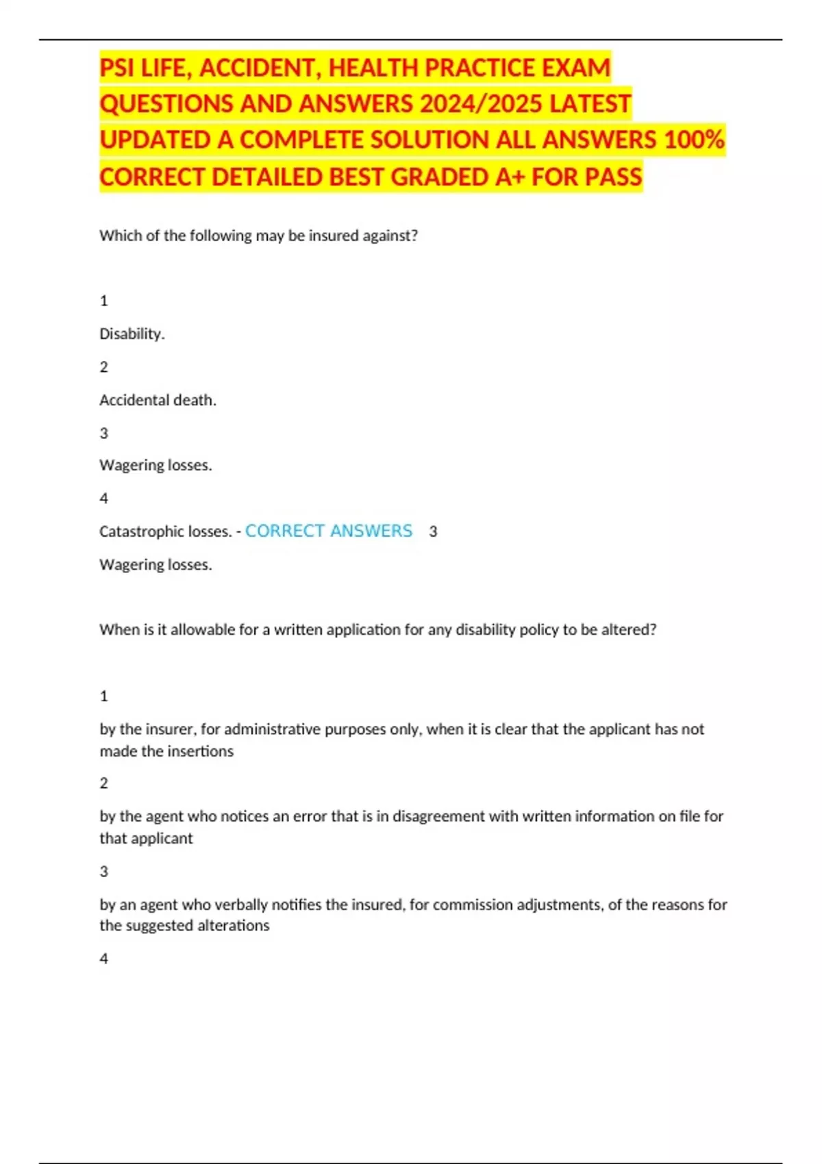 PSI LIFE, ACCIDENT, HEALTH PRACTICE EXAM QUESTIONS AND ANSWERS 2024/ ...