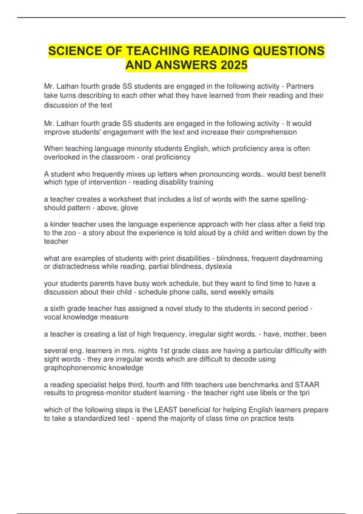 Science of Teaching Reading questions and answers 2025 - Science of ...