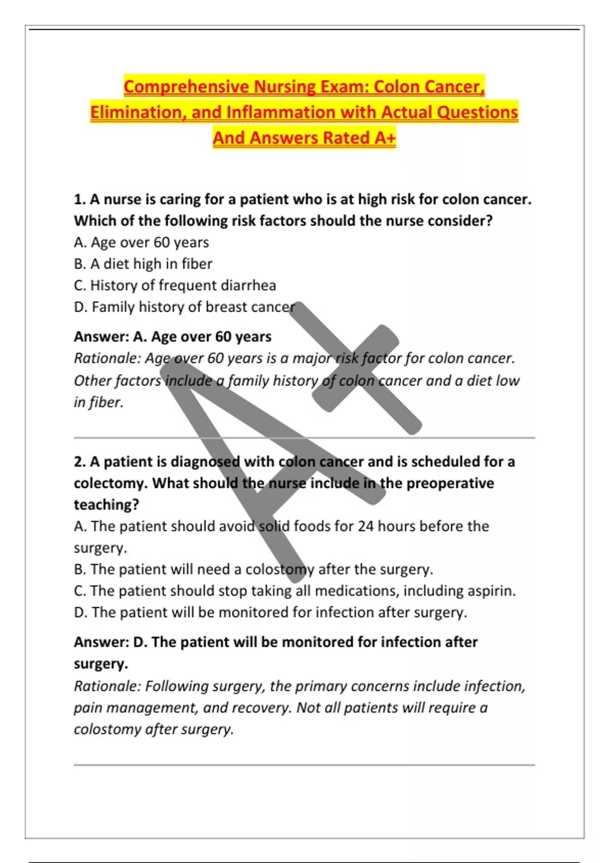 Comprehensive Nursing Exam: Colon Cancer, Elimination, and Inflammation ...