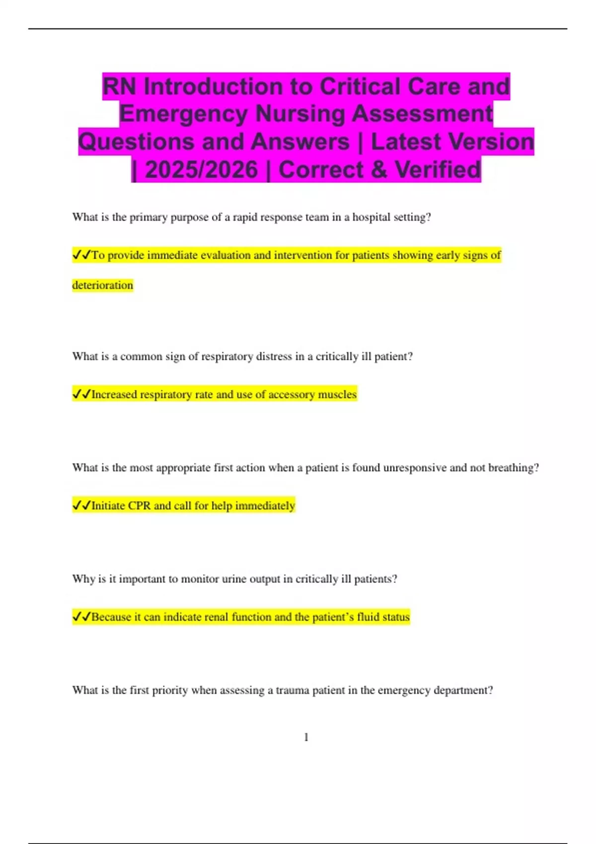 RN Introduction to Critical Care and Emergency Nursing Assessment ...