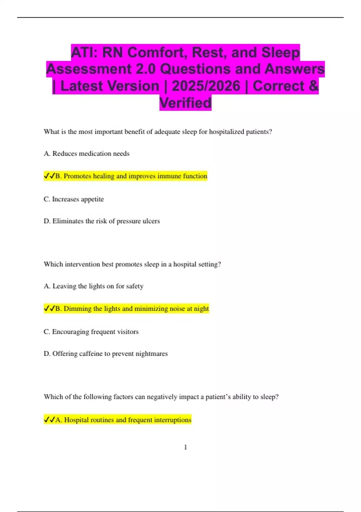 ATI: RN Comfort, Rest, and Sleep Assessment 2.0 Questions and Answers ...
