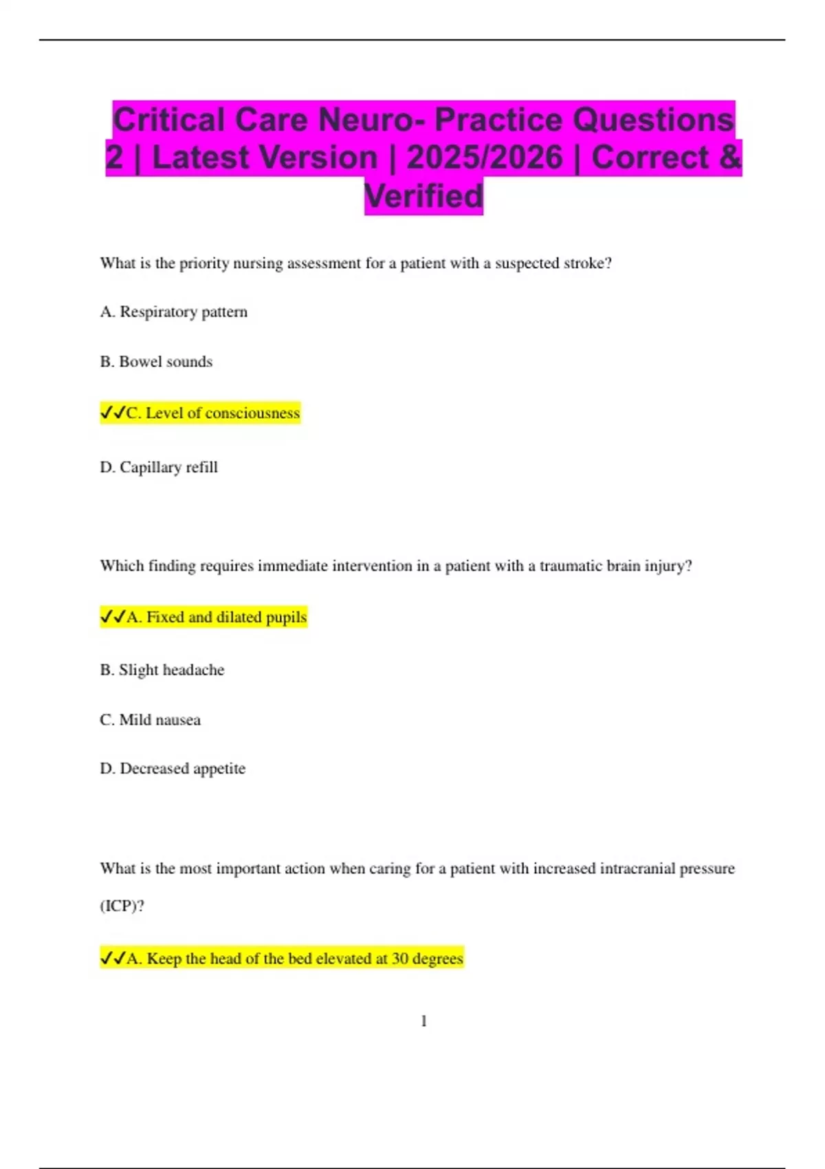 Critical Care Neuro- Practice Questions 2 | Latest Version | 2025/2026 ...