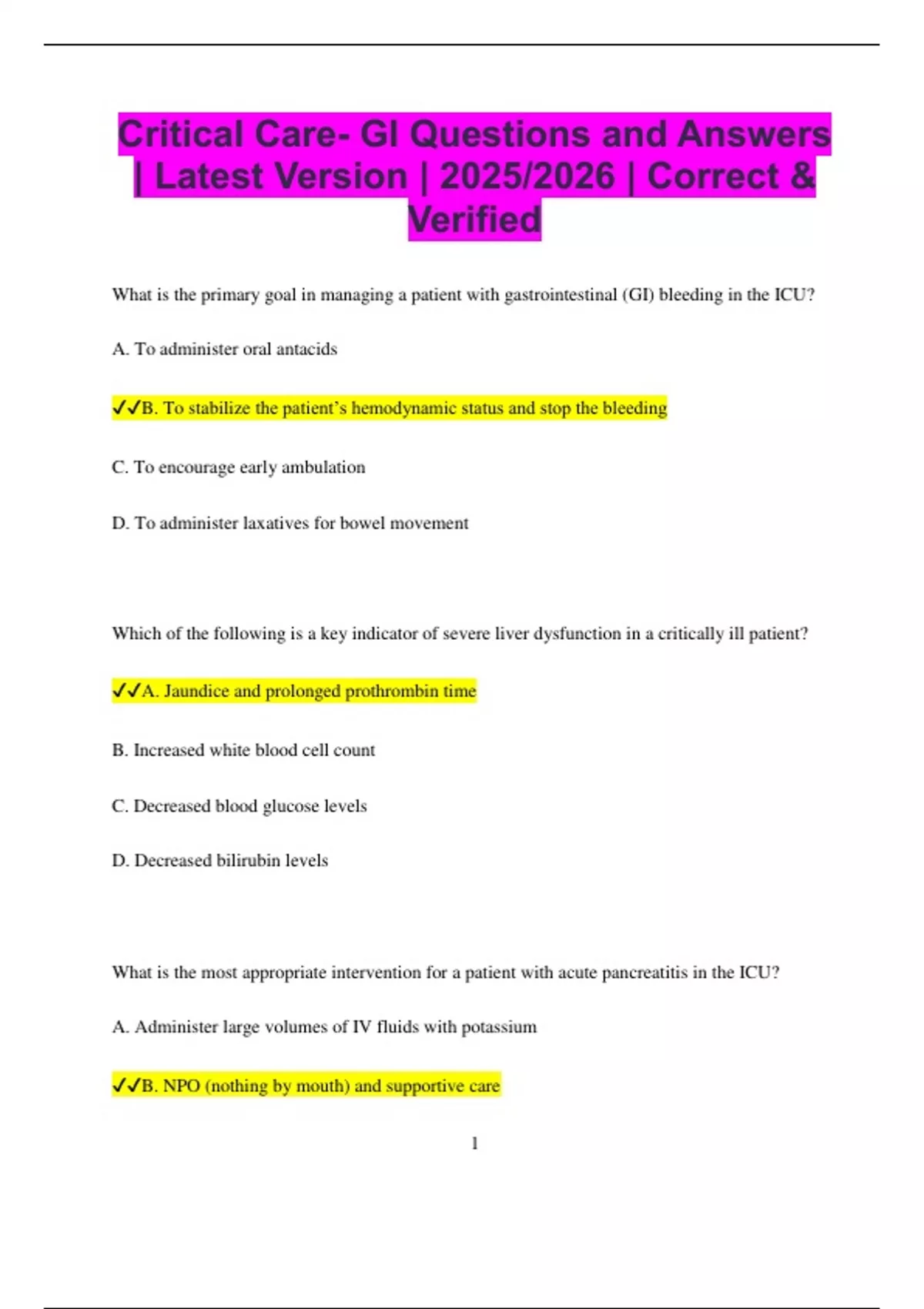Critical Care- GI Questions and Answers | Latest Version | 2025/2026 ...