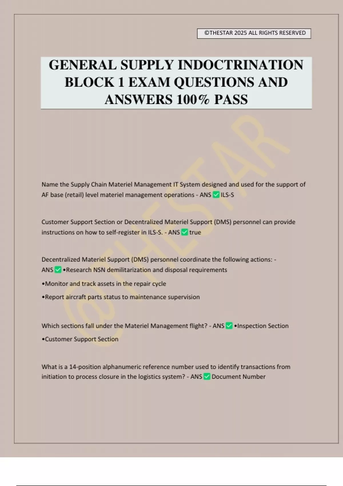 GENERAL SUPPLY INDOCTRINATION BLOCK 1 EXAM QUESTIONS AND ANSWERS 100% ...